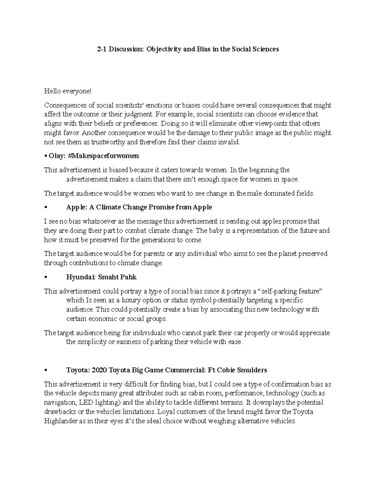 SCS 100 2-1 Discussion Objectivity and Bias in the Social Sciences - 2 ...