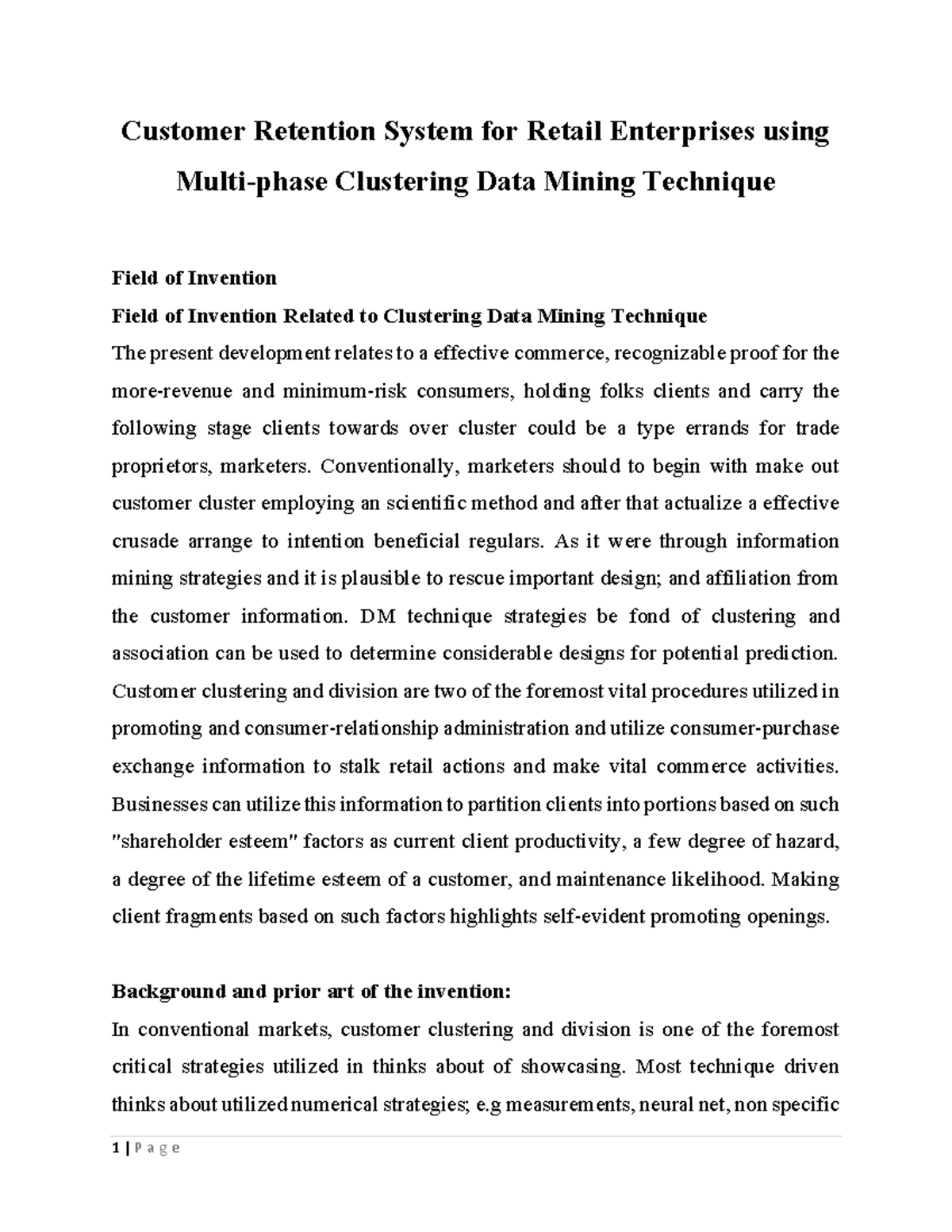 research work of patents - Customer Retention System for Retail ...