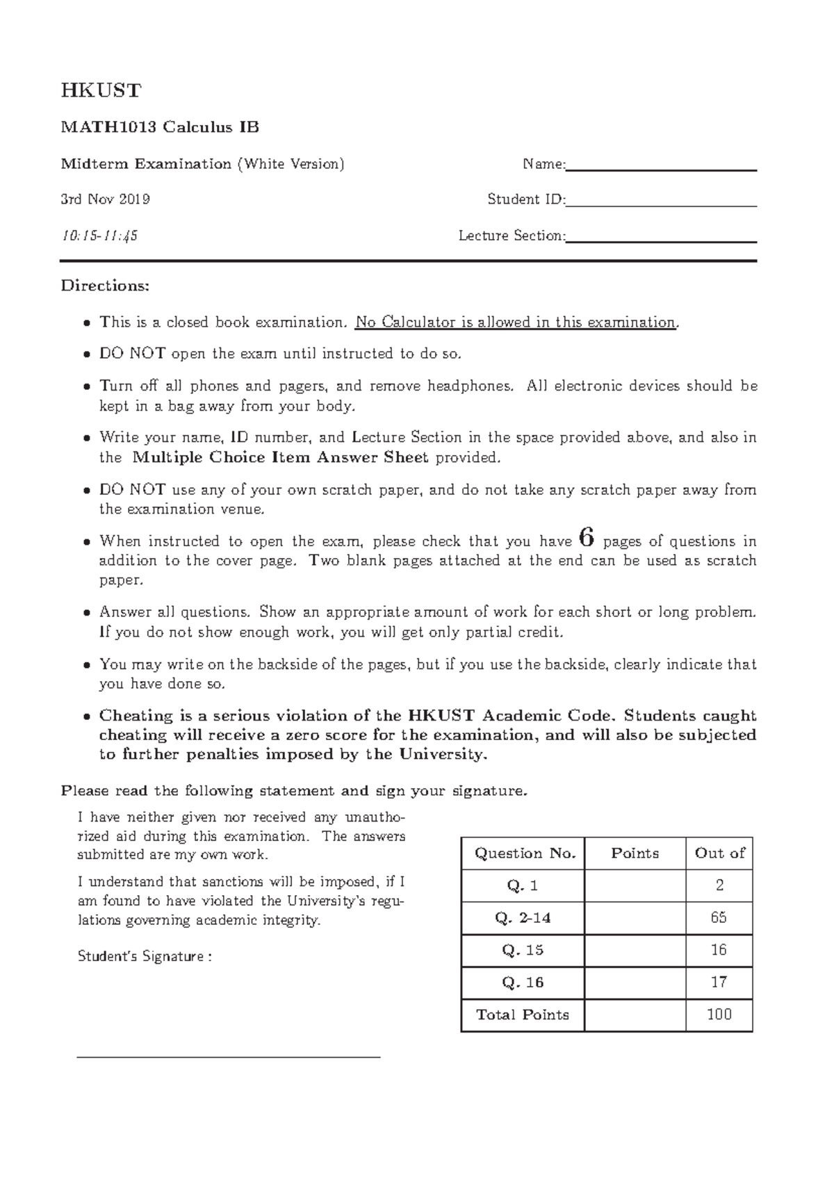 Math1013 midterm fall 2019 - HKUST MATH1013 Calculus IB Midterm ...