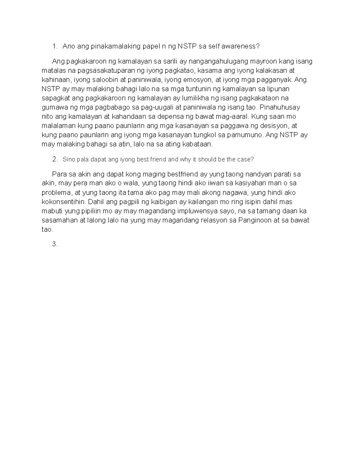 Ano ang pinakamalaking papel n ng NSTP sa self awareness - Ang NSTP ay ...