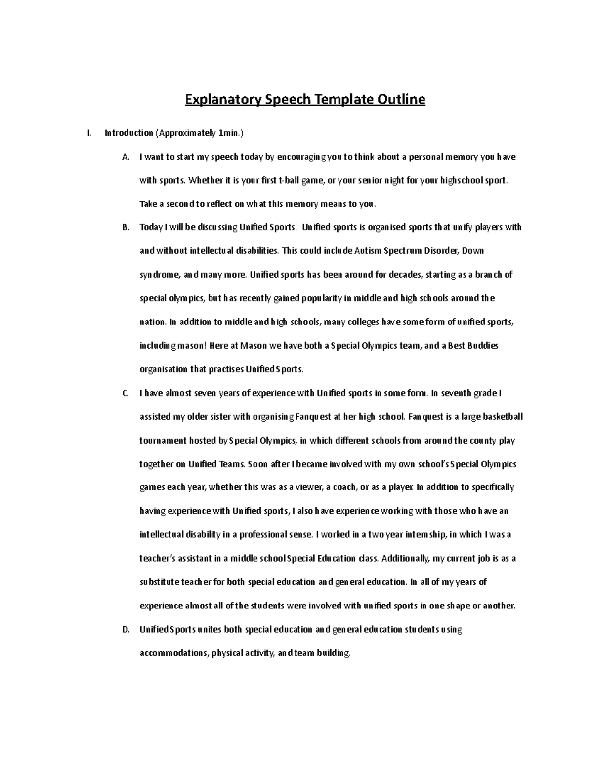 Explanatory Speech Draft 1 - Explanatory Speech Template Outline I. Introduction (Approximately ...