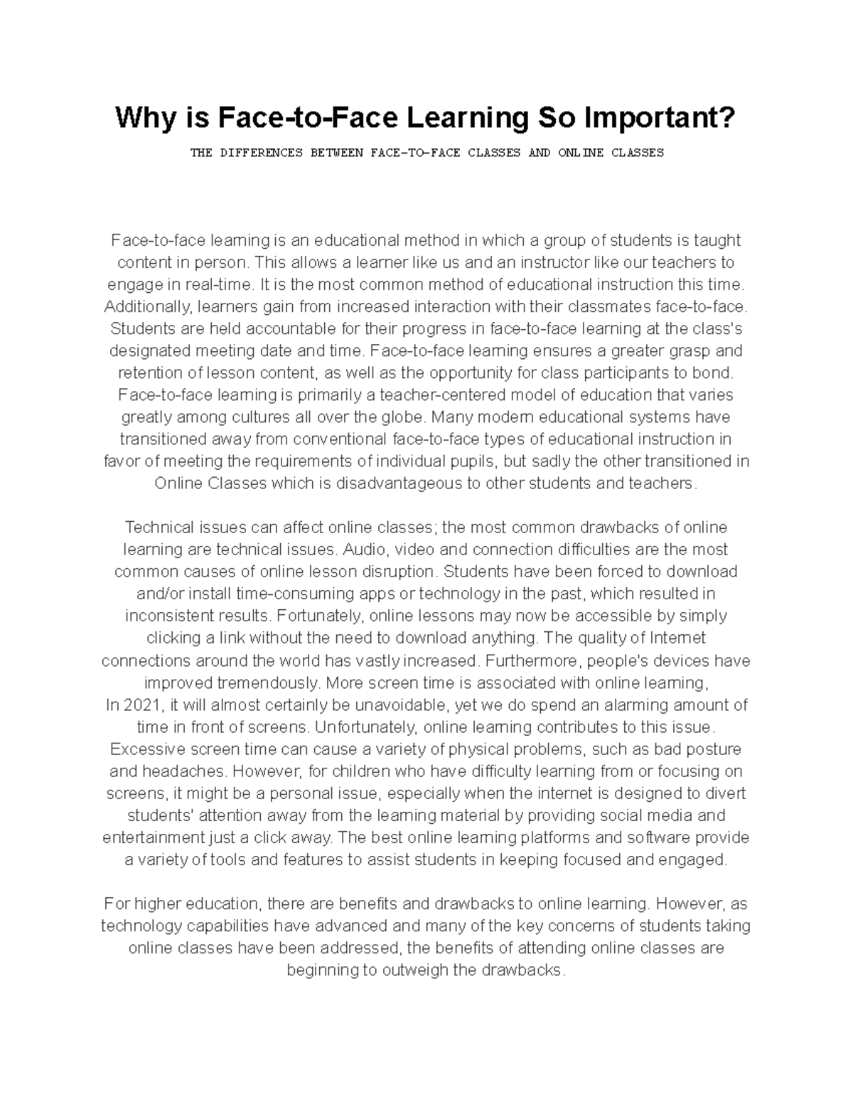 Why is Face-to Face Learning So Important - Reading and Writing - USeP ...