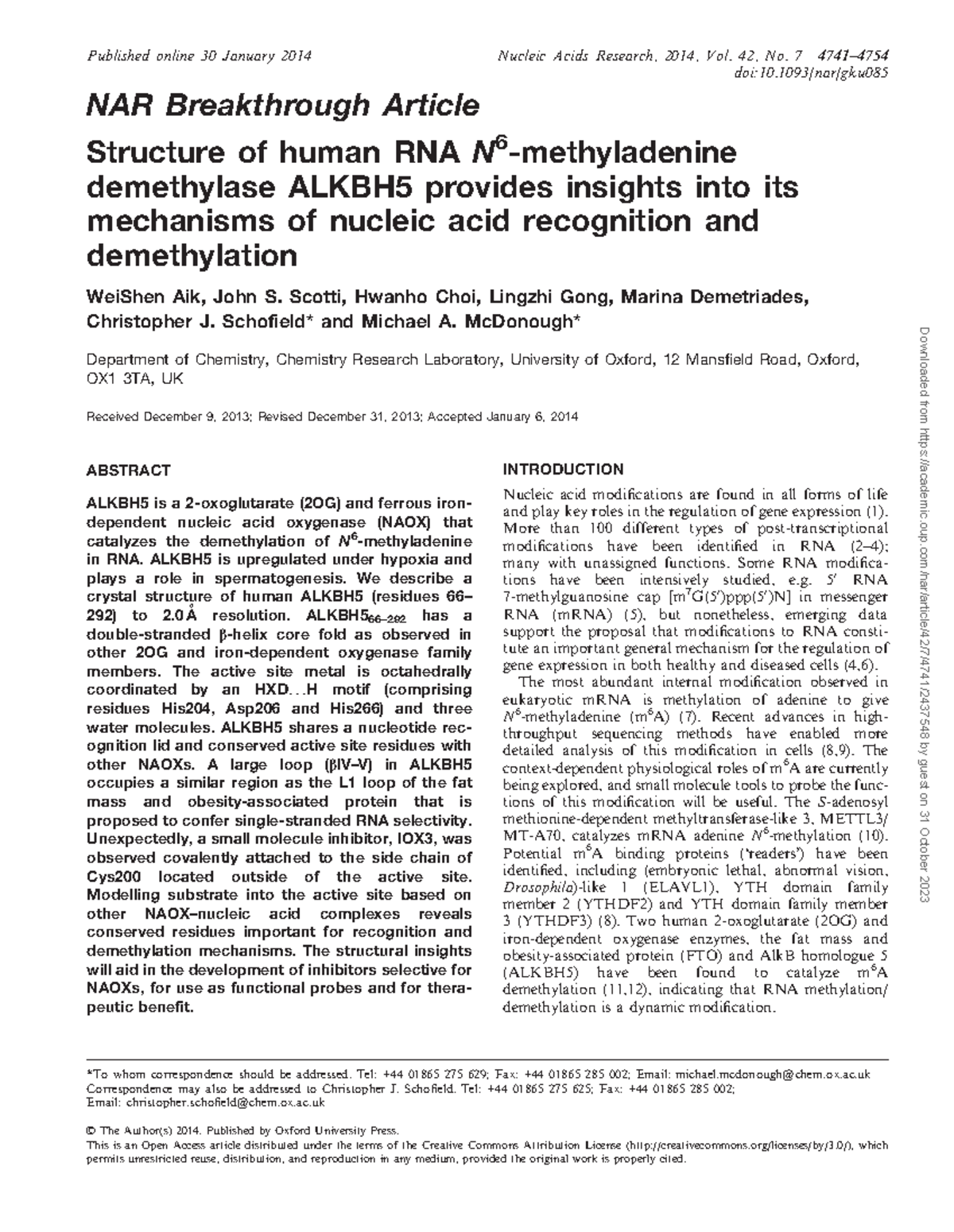Structure of Alkbh 5 - NAR Breakthrough Article Structure of human RNA ...