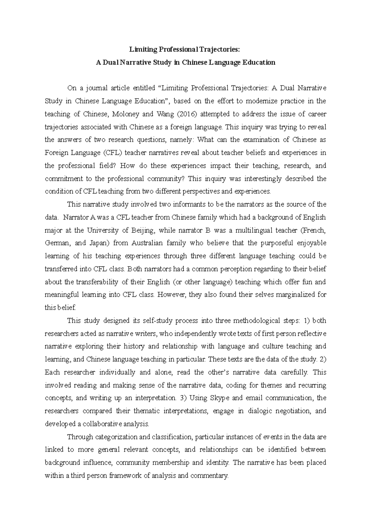 A Dual Narrative Study In Chinese Language Education This Inquiry Was