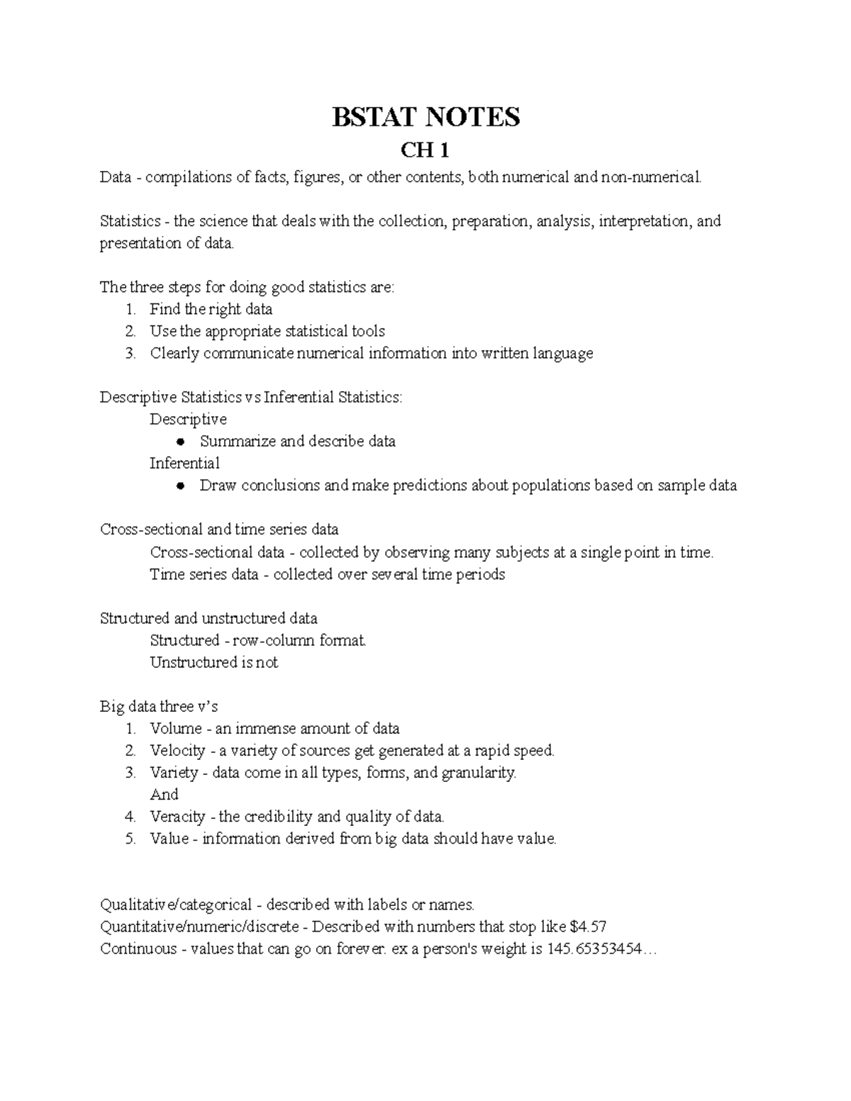 Bstat Notes ch 1 - BSTAT NOTES CH 1 Data - compilations of facts ...