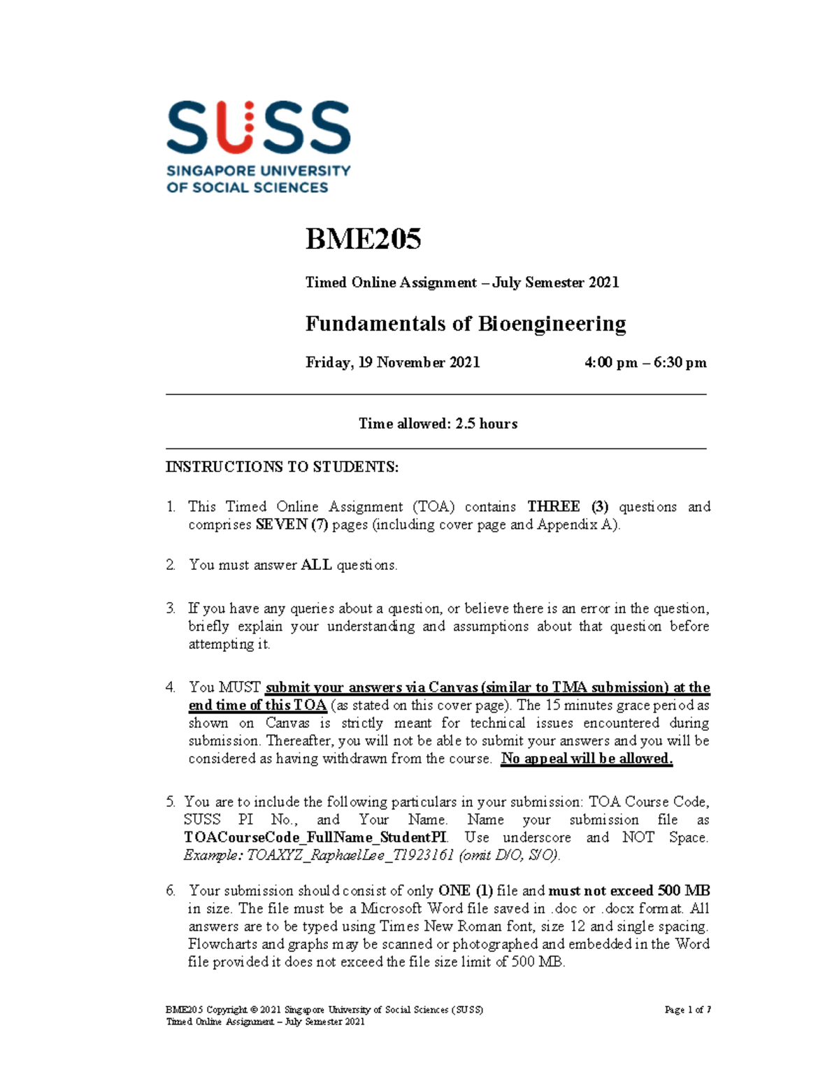 BME205 JUL 2021 TOA - Fundamentals of Bioengineering exam paper to try ...