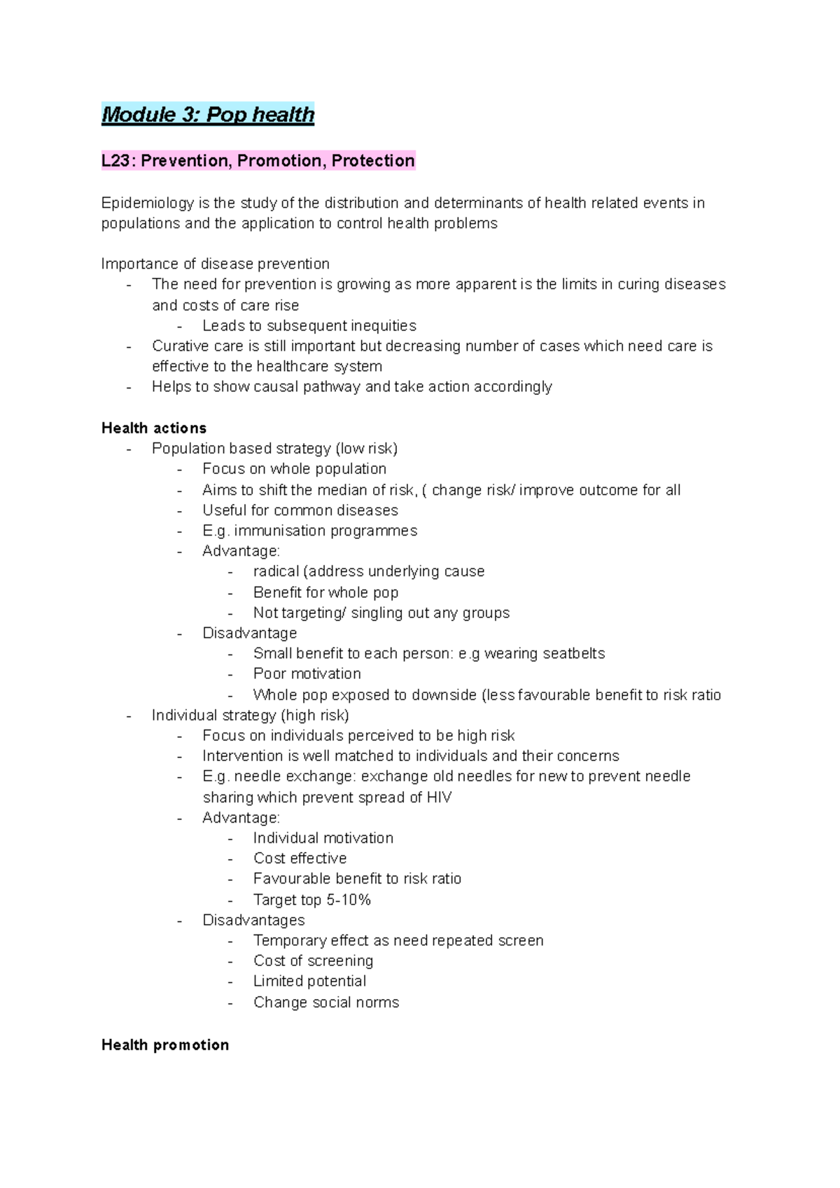 Pop health m3 and 3+ notes - Module 3: Pop health L23: Prevention ...