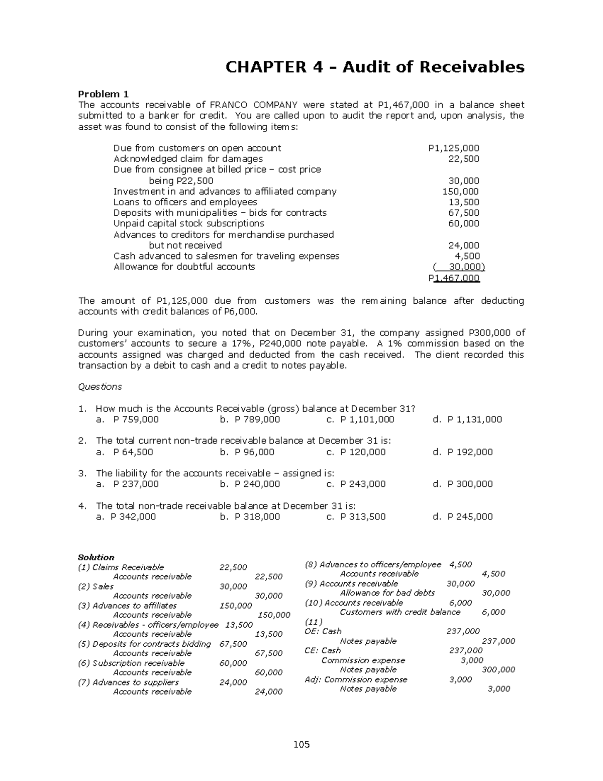 Auditing Theory - CHAPTER 4 – Audit of Receivables Problem 1 The ...