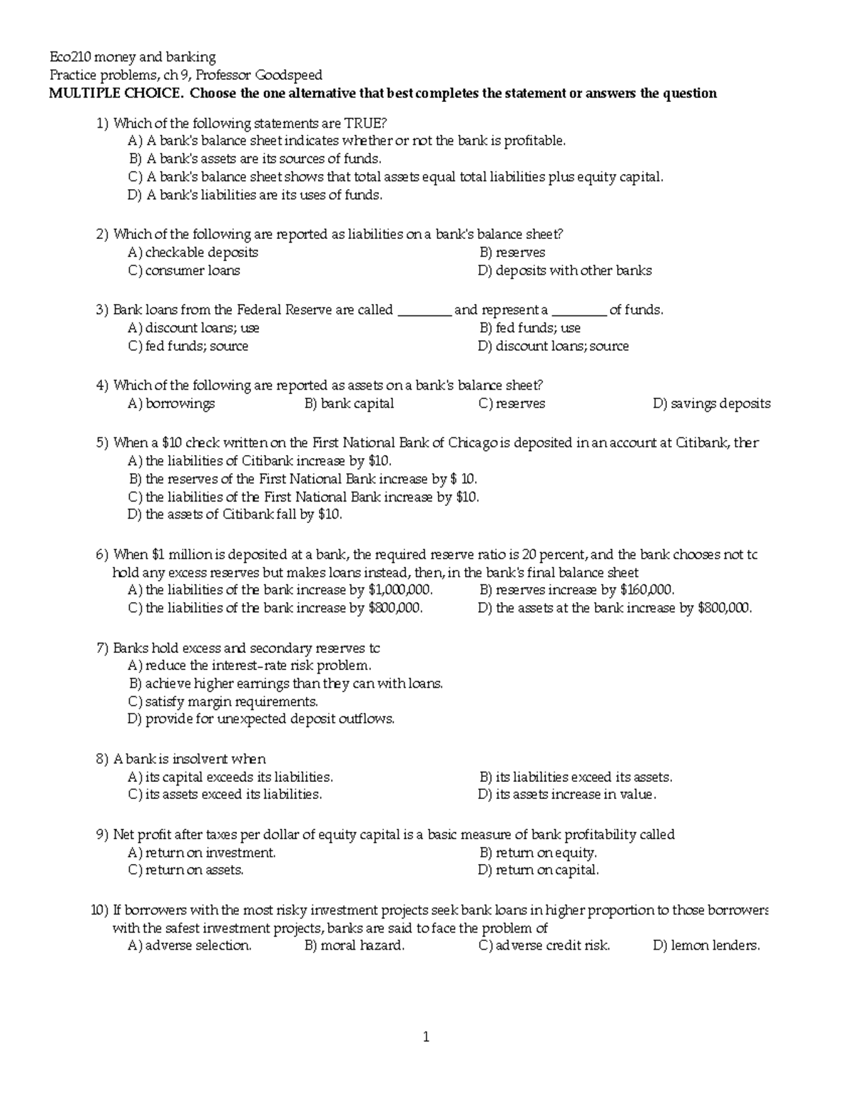 Online eco 210 practice problems chapter 9 - Eco210 money and banking ...