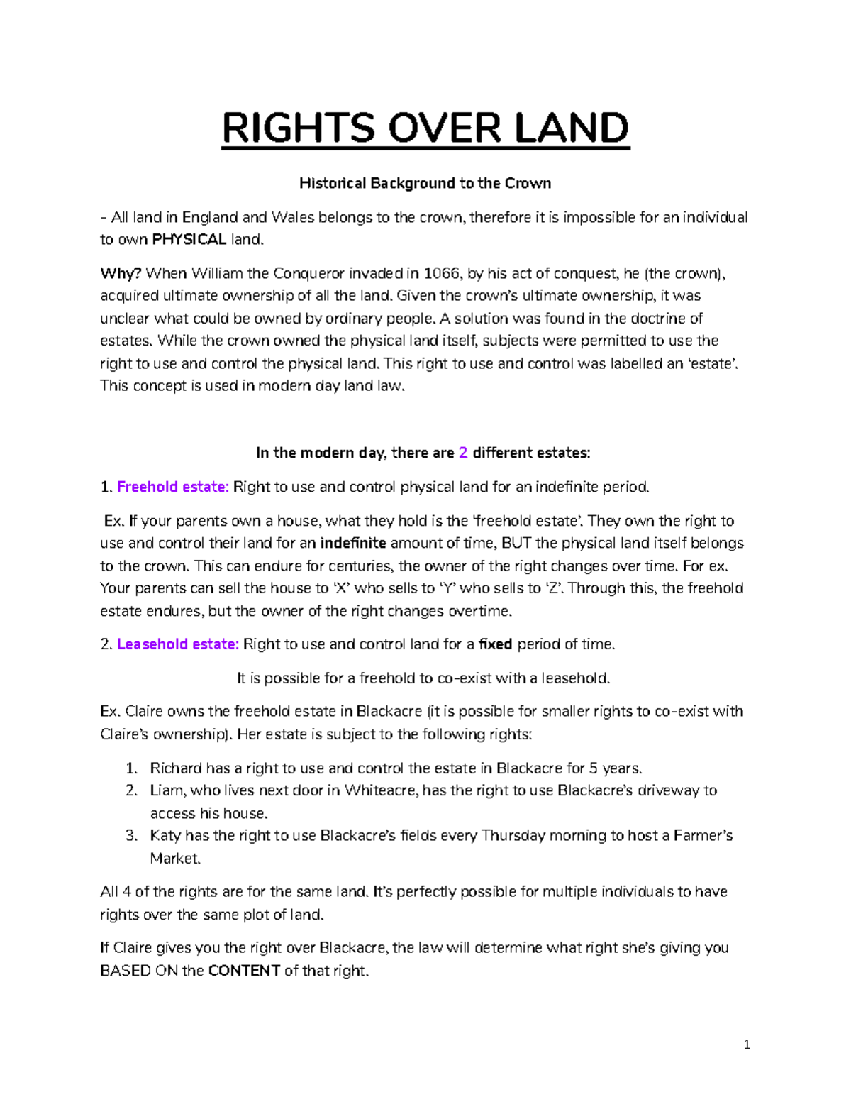 Revised LAND LAW - Summary Modern Land Law - RIGHTS OVER LAND ...
