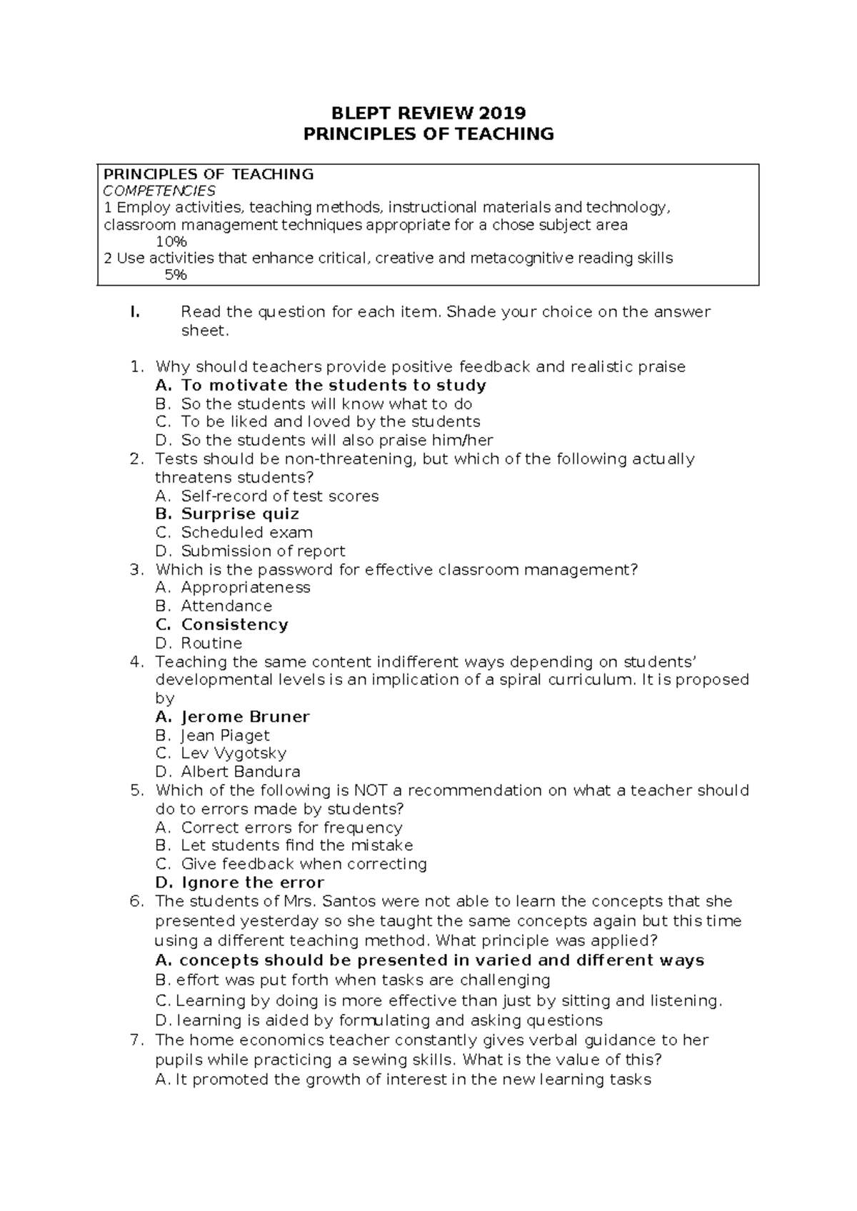PT final test - REviewer for BSED students - BLEPT REVIEW 2019 ...