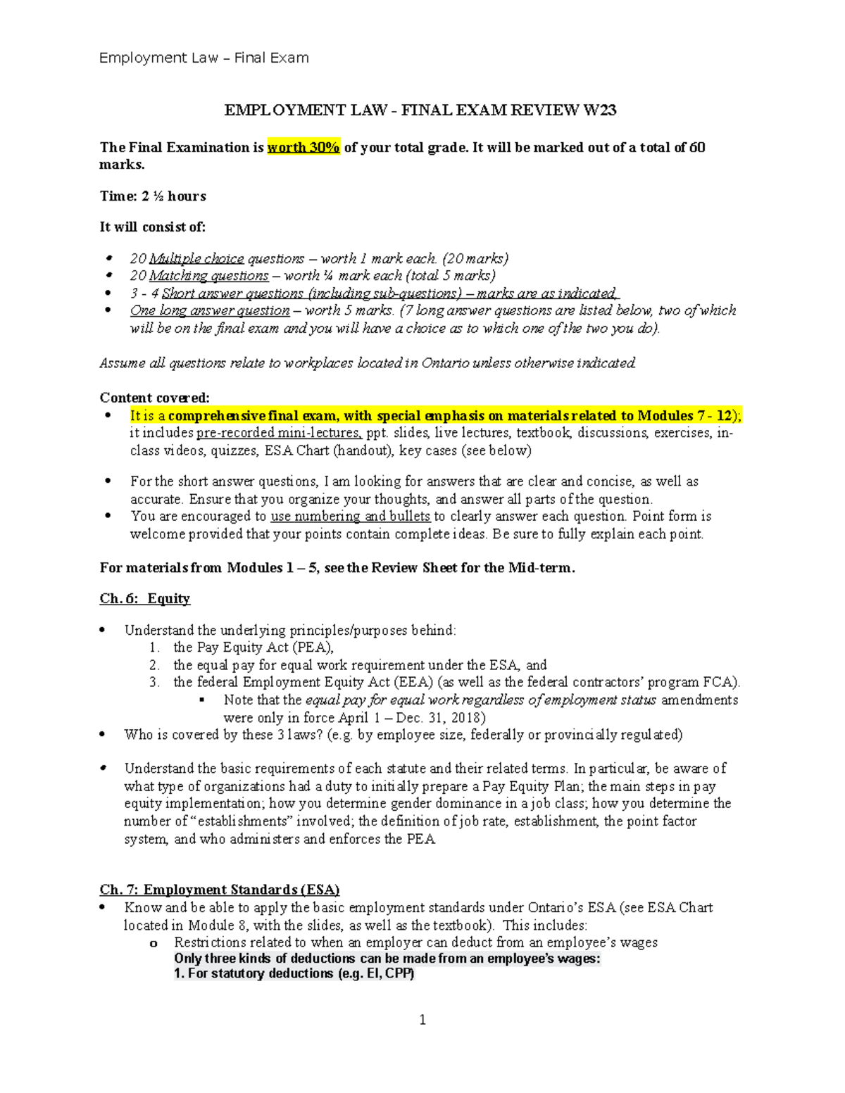 Final Exam Review EL W23 - EMPLOYMENT LAW - FINAL EXAM REVIEW W The ...