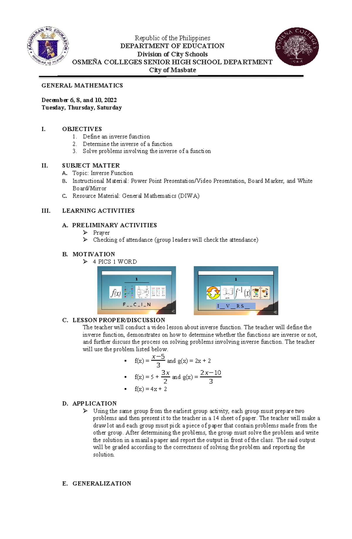 Lesson PLAN Gen Math (Lesson 4 Topic 1) - Republic of the Philippines ...