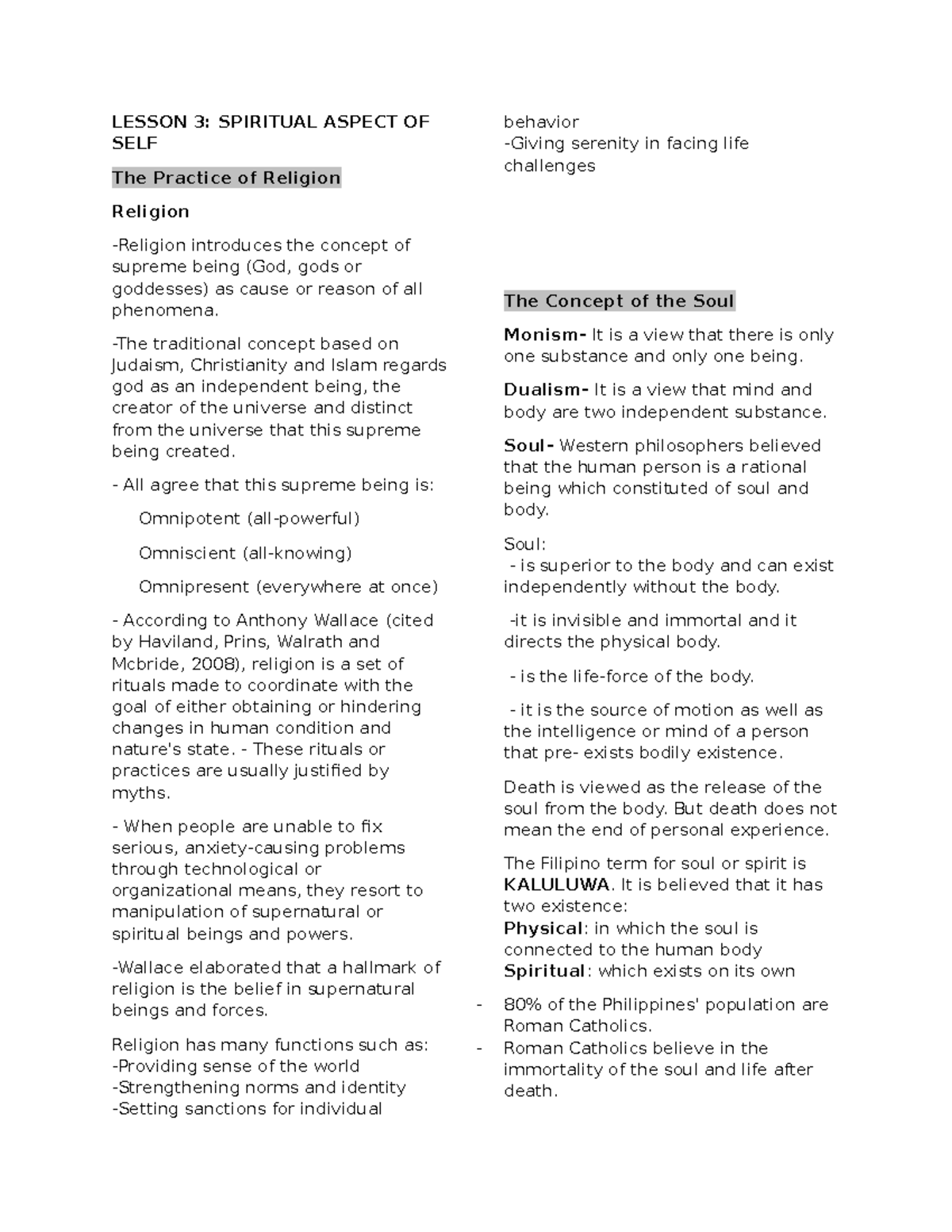 Lesson 3 - SPIRITUAL ASPECT OF SELF - LESSON 3: SPIRITUAL ASPECT OF ...