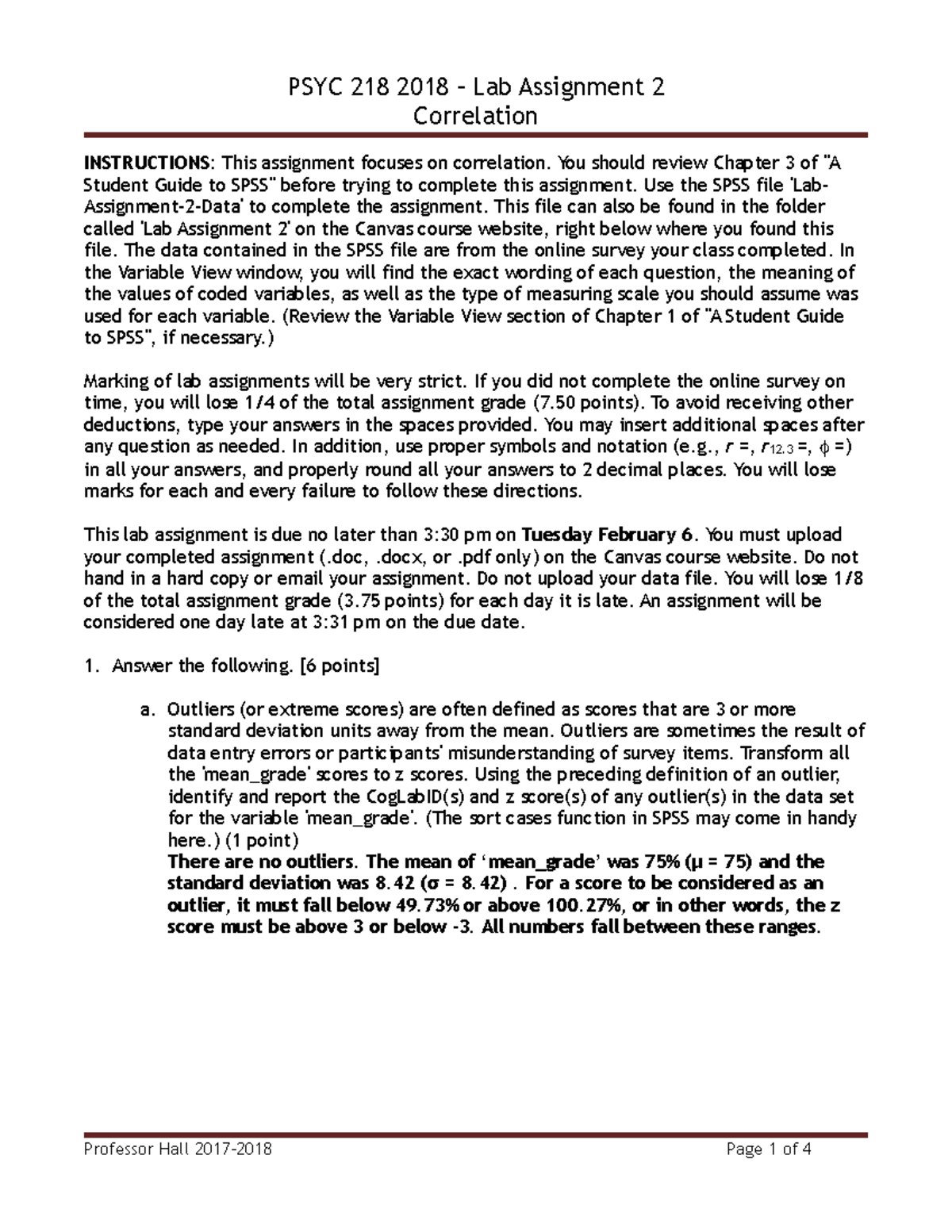 Lab Assignment 2 2018 - PSYC 218 2018 – Lab Assignment 2 Correlation INSTRUCTIONS: This ...