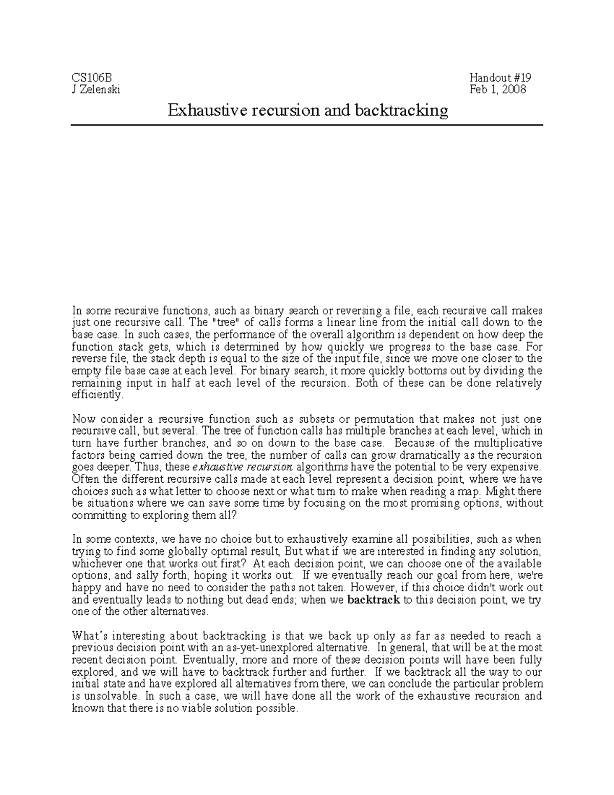Rec Backtrack Examples - CS106B Handout J Zelenski Feb 1, 2008 Exhaustive recursion and ...
