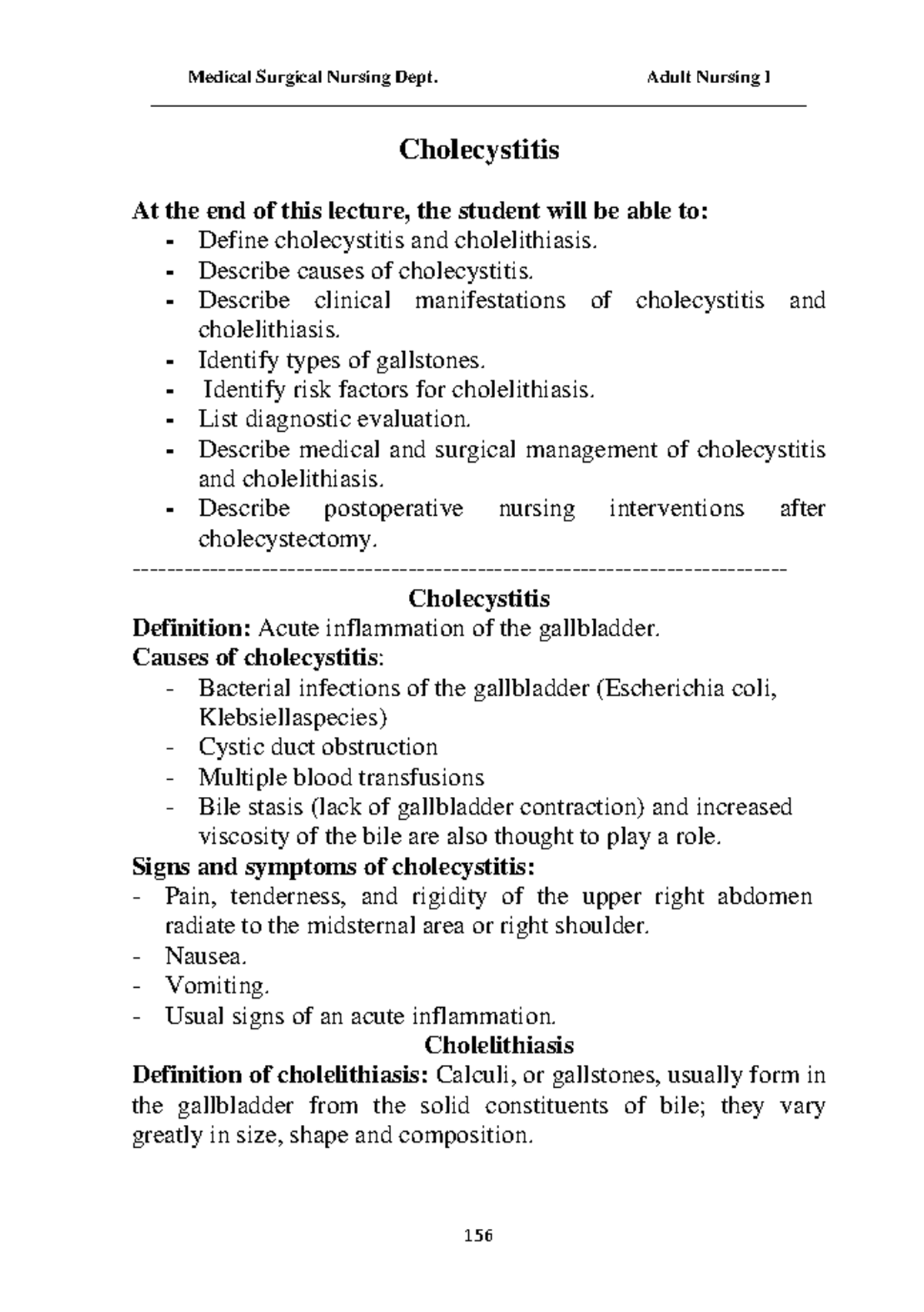 Cholecystitis - Adult Nursing - Cholecystitis At the end of this ...