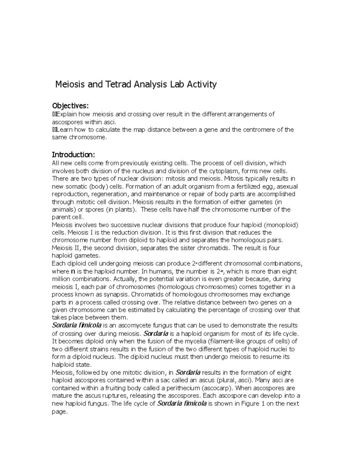 Meiosis - meisois lab - Meiosis and Tetrad Analysis Lab Activity ...