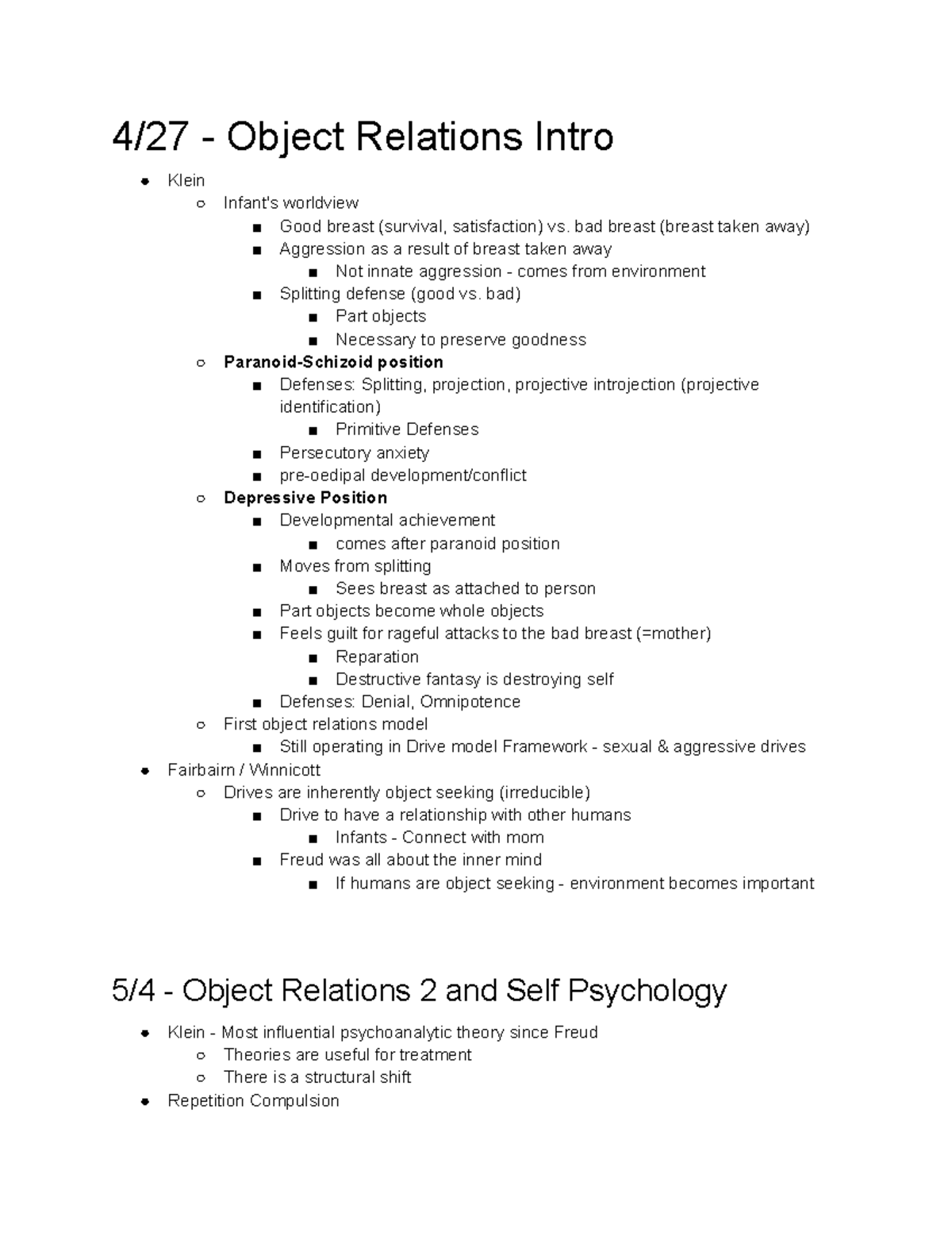 PSYCH 341 Quiz 4 - 4/27 - Object Relations Intro Klein Infant's ...