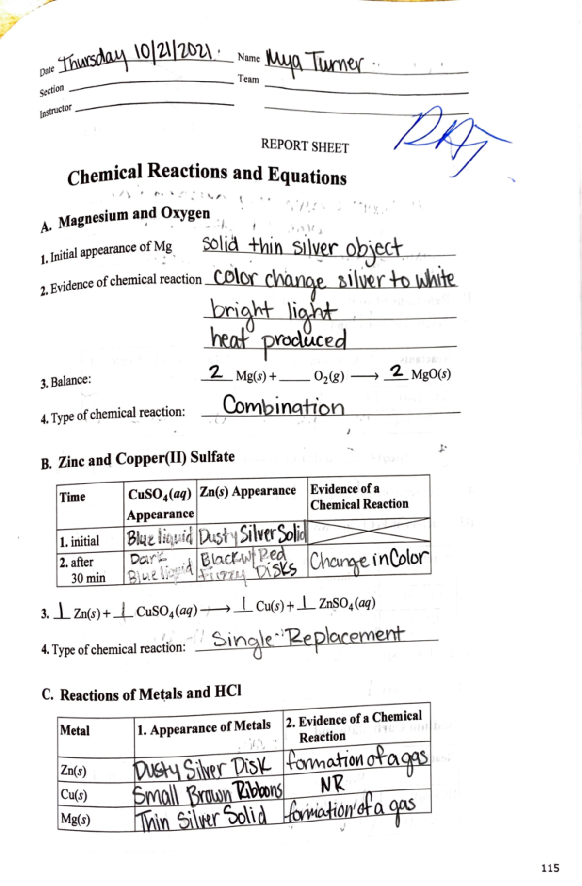 Chem Lab Report #7 - Professor Hawkins - pate section - 111strllctor ...