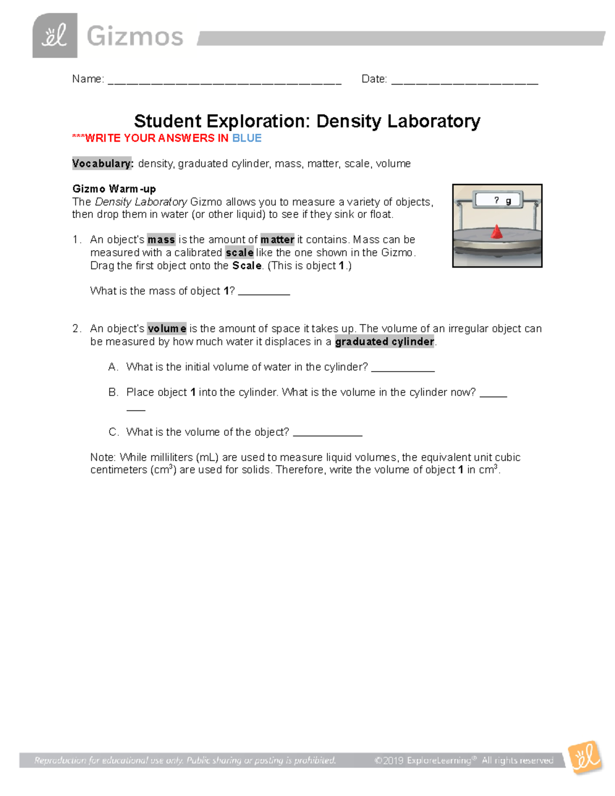 Density Lab Gizmo - Difficult science assignment. - Name