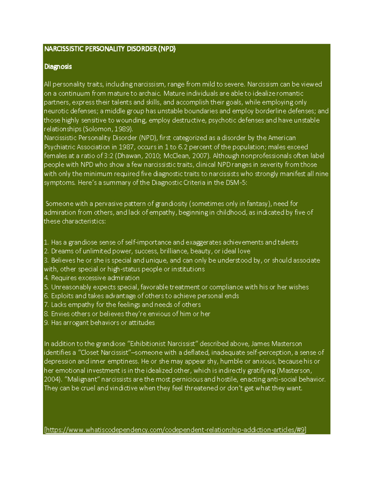 NPD - Lecture notes 1 - NARCISSISTIC PERSONALITY DISORDER (NPD ...