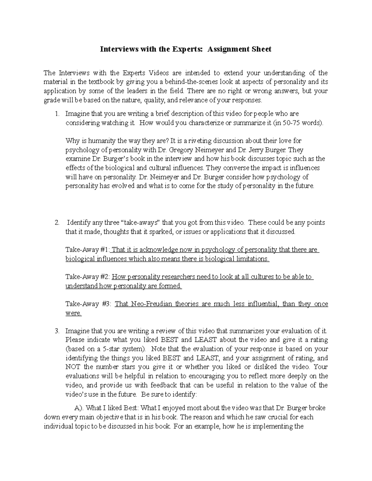 Expert Assignment Sheet-1 - Interviews with the Experts: Assignment ...