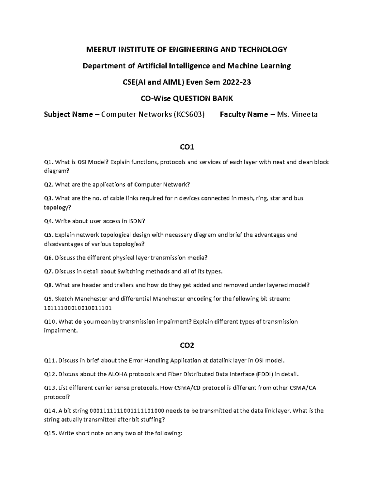 Question Bank CN - hello - MEERUT INSTITUTE OF ENGINEERING AND TECHNOLOGY Department of ...