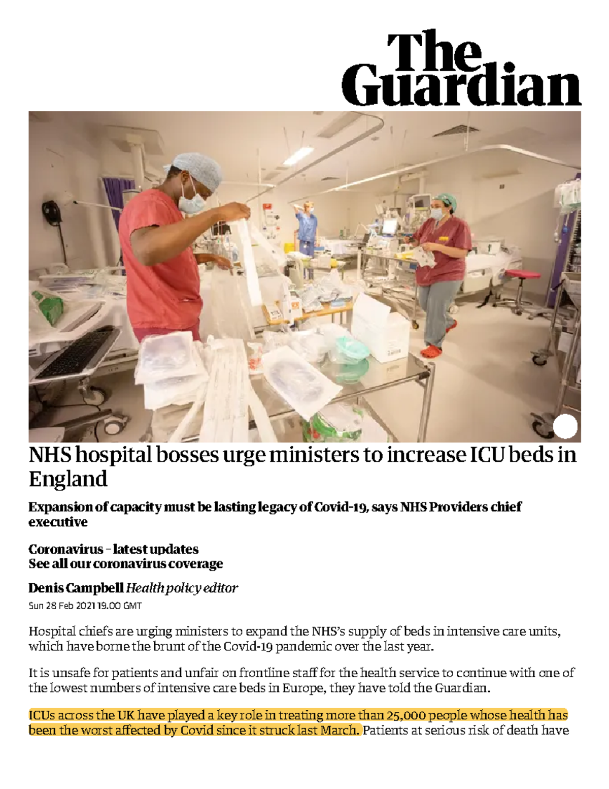 NHS - Cours - NHS hospital bosses urge ministers to increase ICU beds ...
