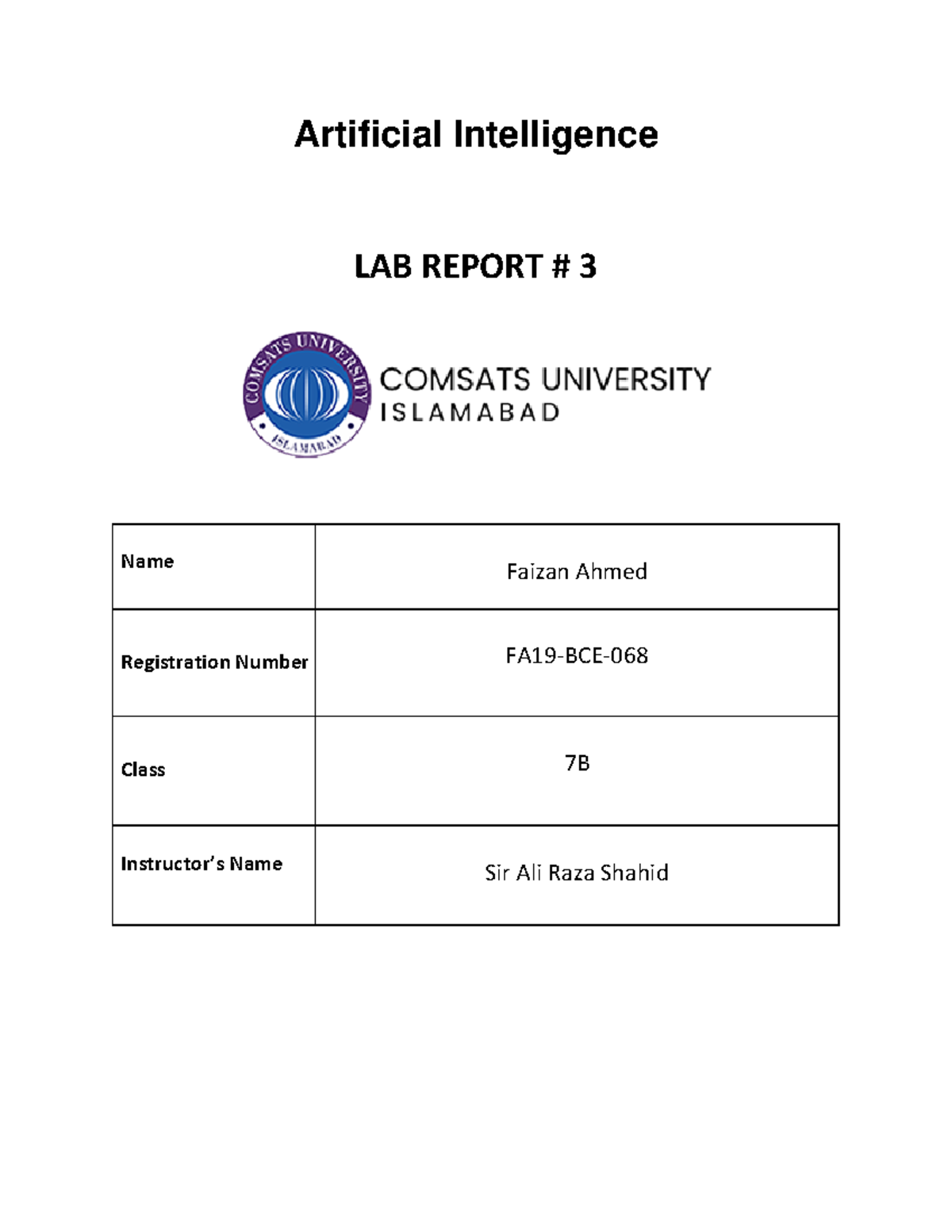 Artifical intelligence Lab report 3 - Artificial Intelligence LAB ...