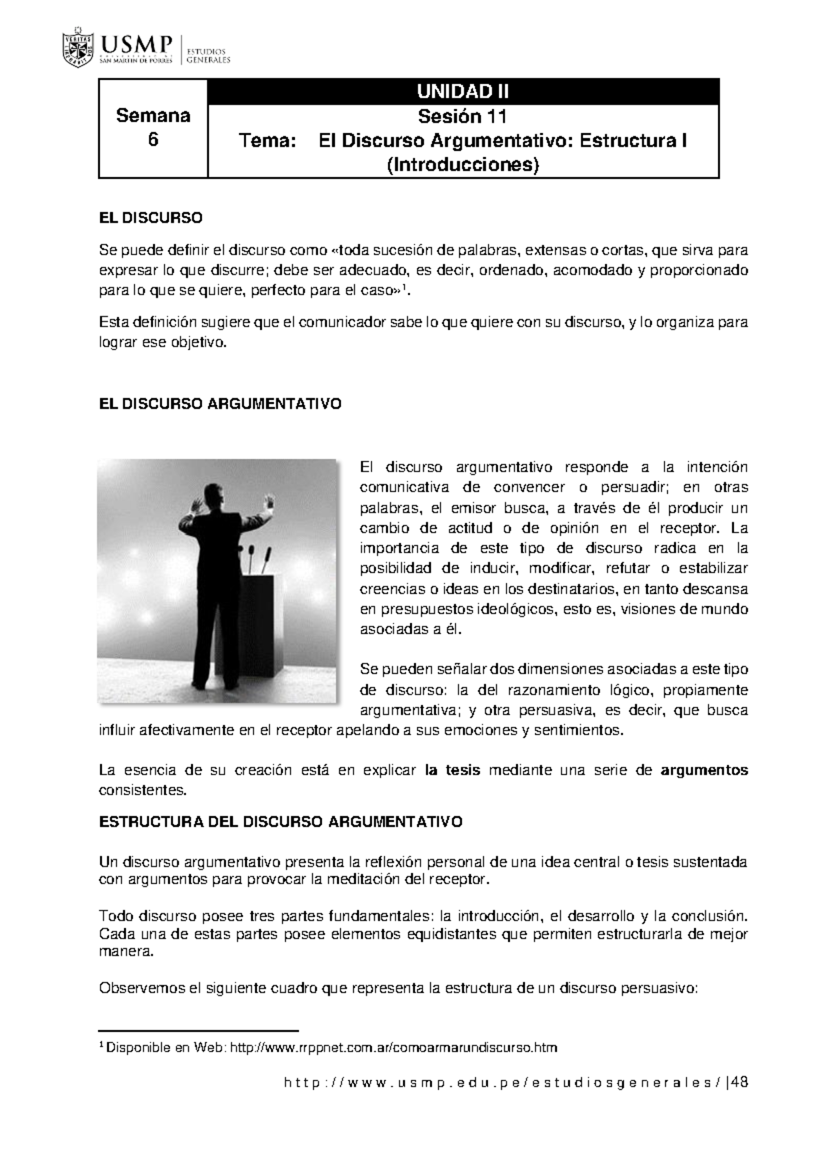 Estructura DEL Discurso - Semana 6 UNIDAD II Sesión 11 Tema: El ...