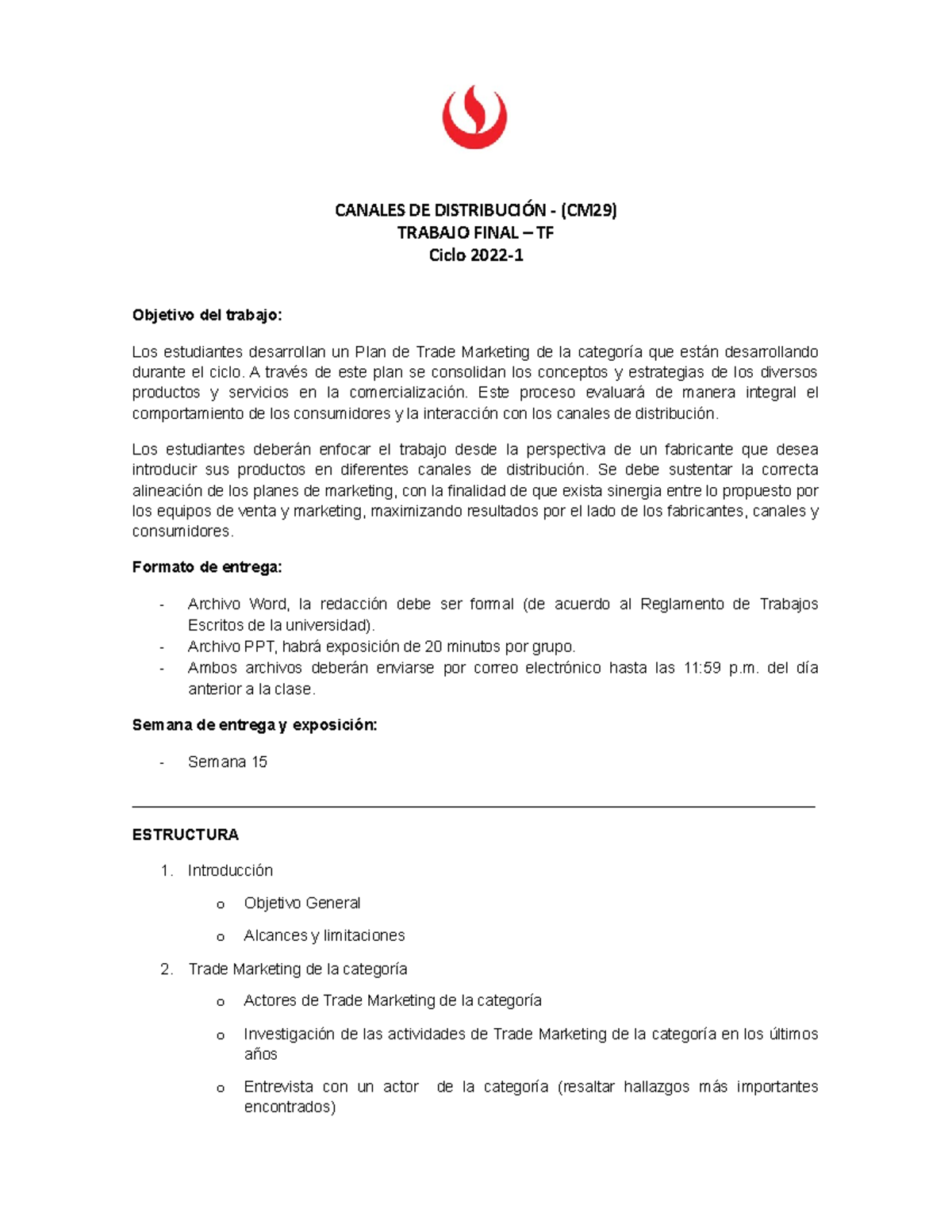 CM29 Trabajo Final y Rúbrica 2022-1 - CANALES DE DISTRIBUCIÓN - (CM29 ...