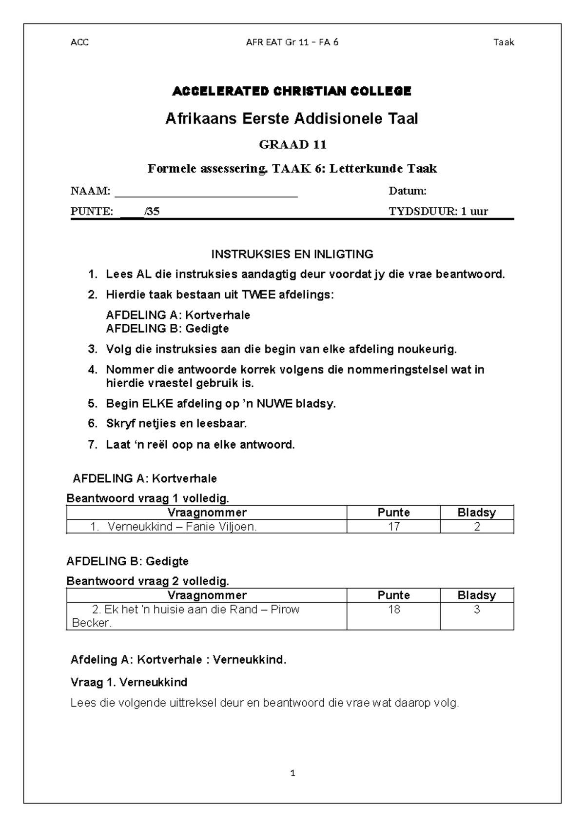 Gr 11 EAT TAAK 6a - Siklus Letterkunde toets - mei 2019 - ACCELERATED ... Gr 11 EAT TAAK 6a - Siklus Letterkunde toets - mei 2019 - ACCELERATED ...