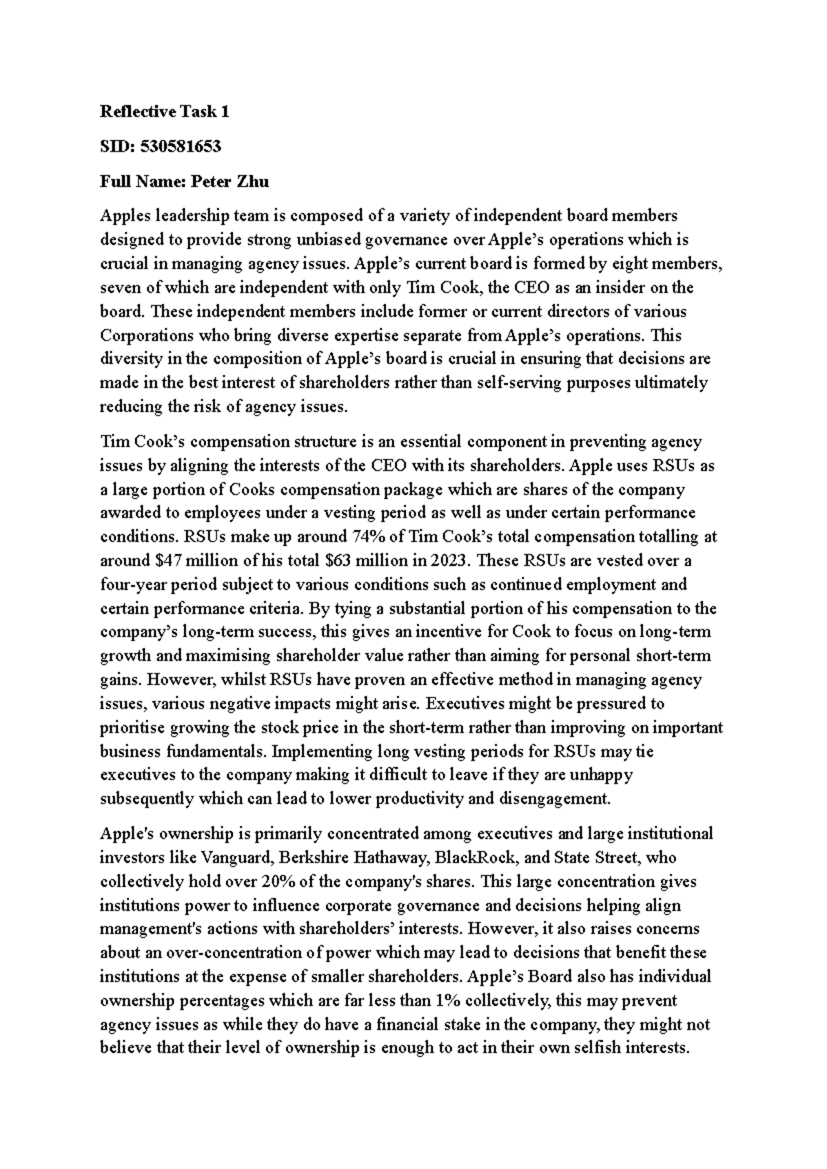 Reflective Task 1 (FINC2011 ) - Reflective Task 1 SID: 530581653 Full ...