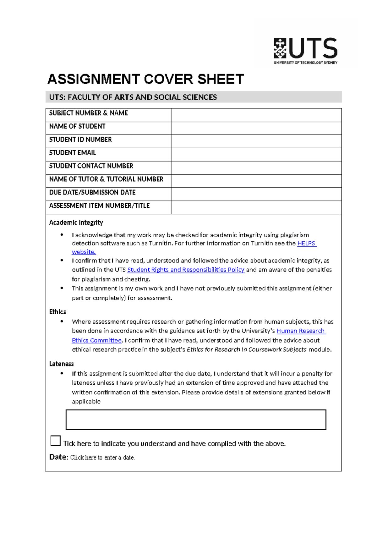 Cover Sheet with Ethics Acknowledgement - ASSIGNMENT COVER SHEET UTS ...
