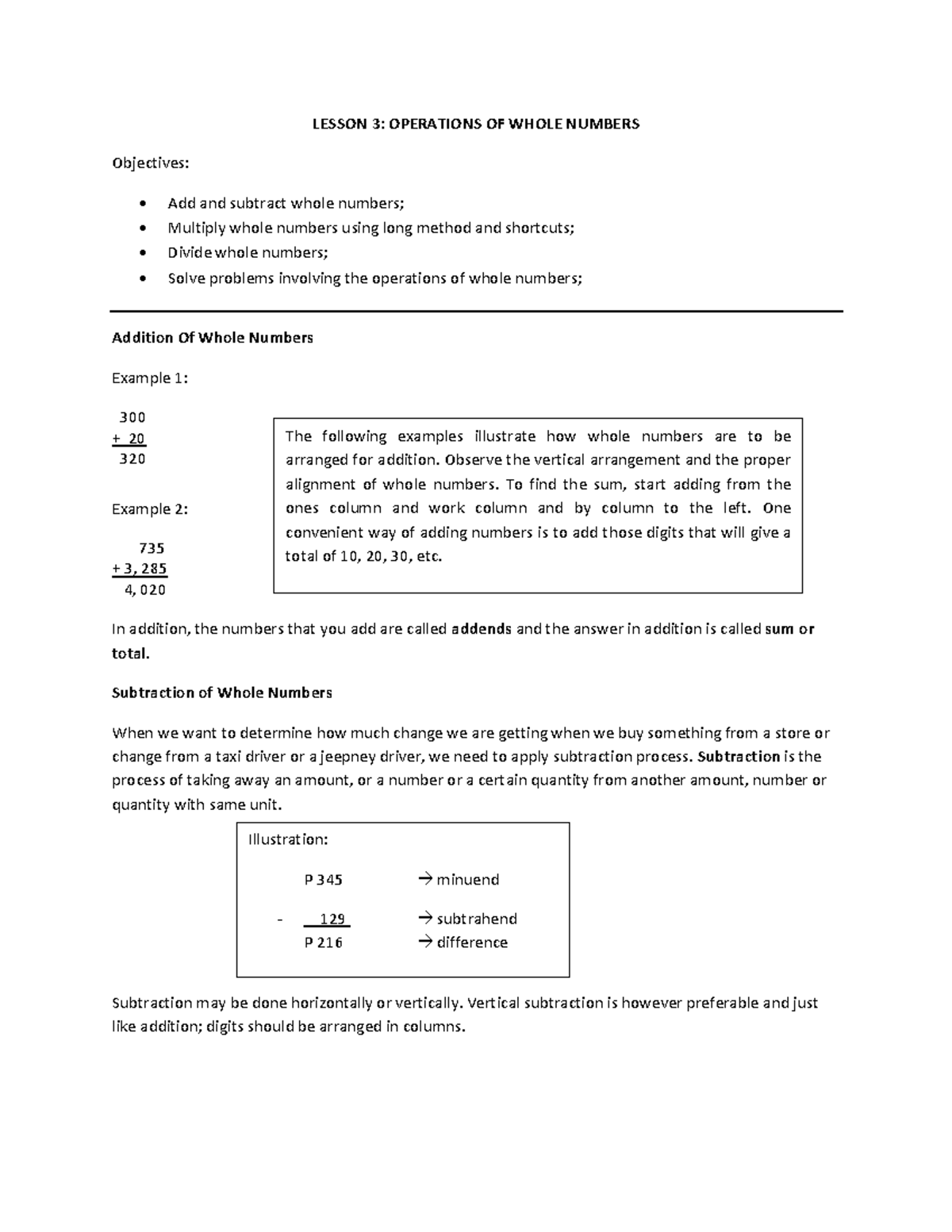 Lesson 3 - Operations on Whole numbers - LESSON 3: OPERATIONS OF WHOLE ...