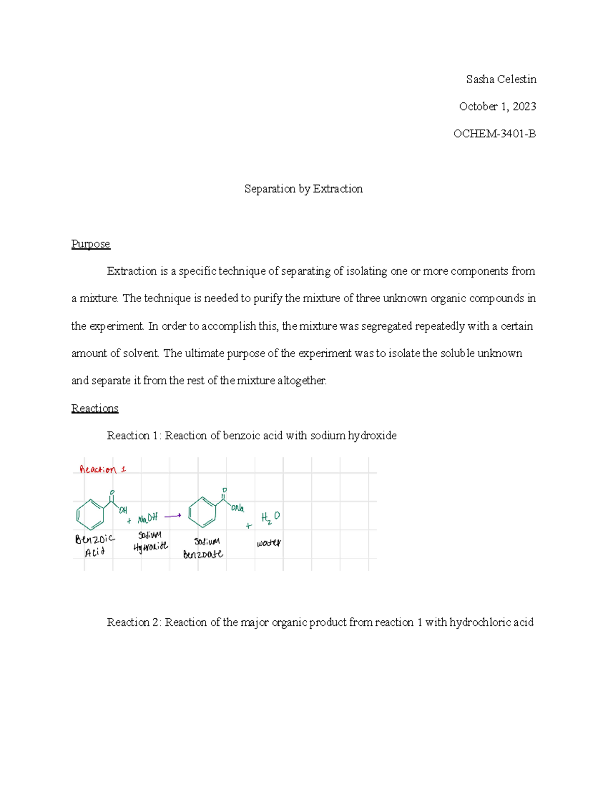 Separation by Extraction lab report - Sasha Celestin October 1, 2023 OCHEM-3401-B Separation by ...