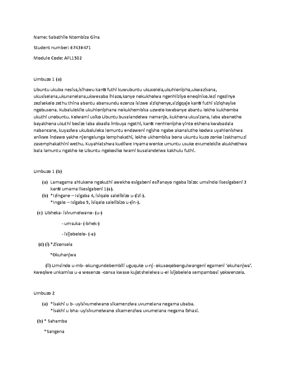 Afl 1502 final examination pdf - Name: Sabathile Ntombiza Gina Student ...