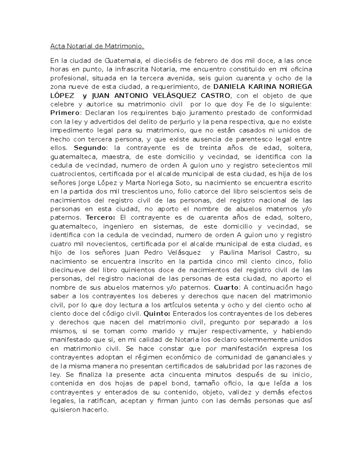 ESCRITURA PUBLICA DE PROTOCOLIZACION DE ACTA NOTARIAL DE MATRIMONIO - Acta Notarial de ...