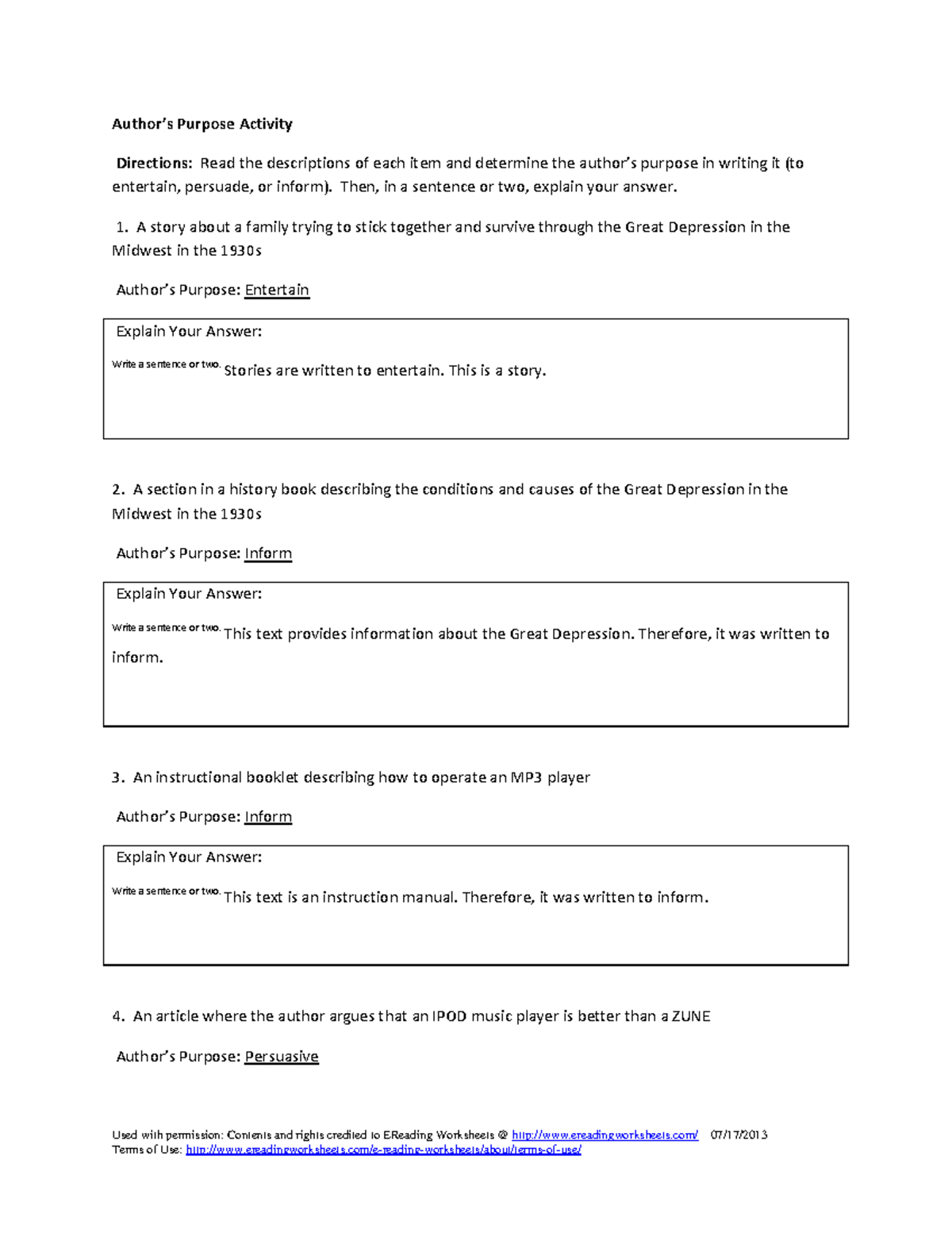 Reading Worksheet Activity Author's Purpose Answer Key - Used with ...
