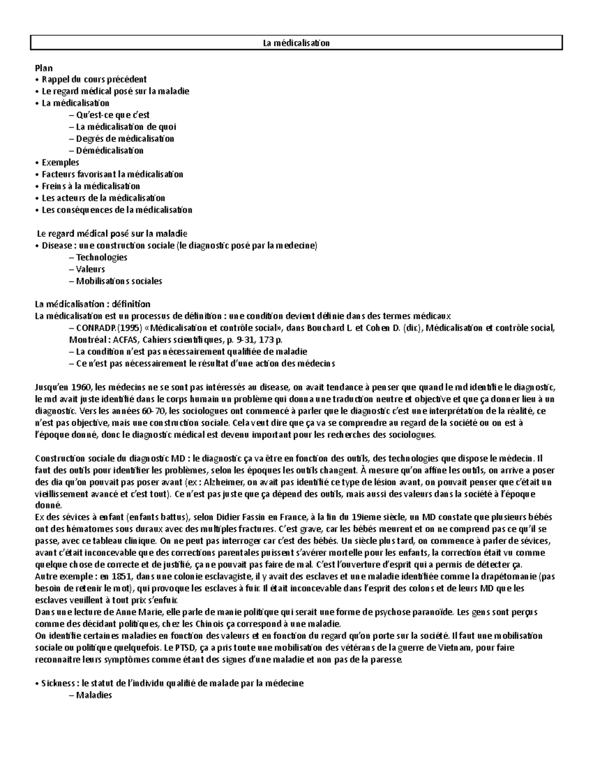 Cours 7 medicalisation - La médicalisation Plan Rappel du cours ...