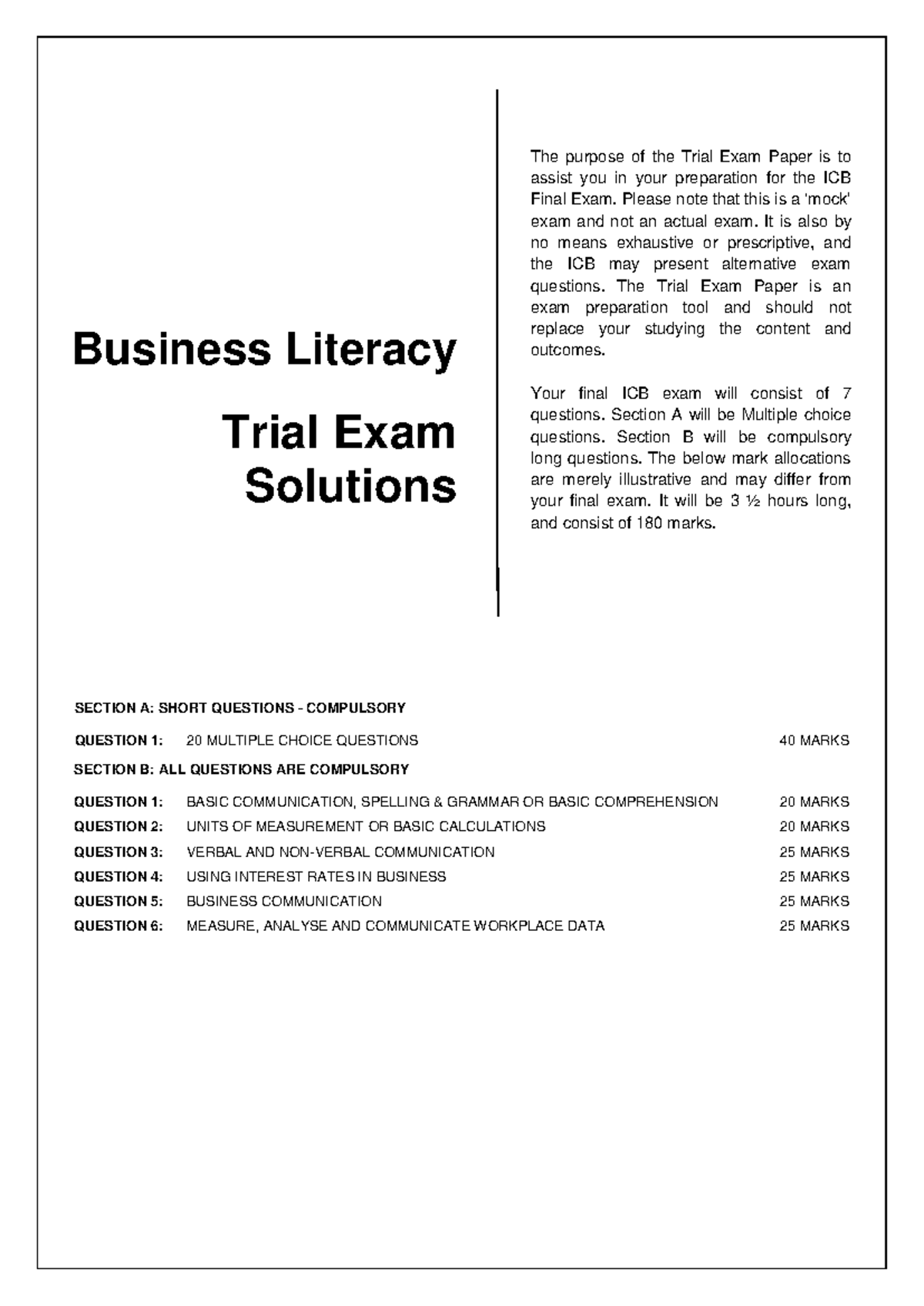 BUSL Paper 1 Solutions - Business exam memo - SECTION A: SHORT QUESTIONS - COMPULSORY QUESTION 1 ...