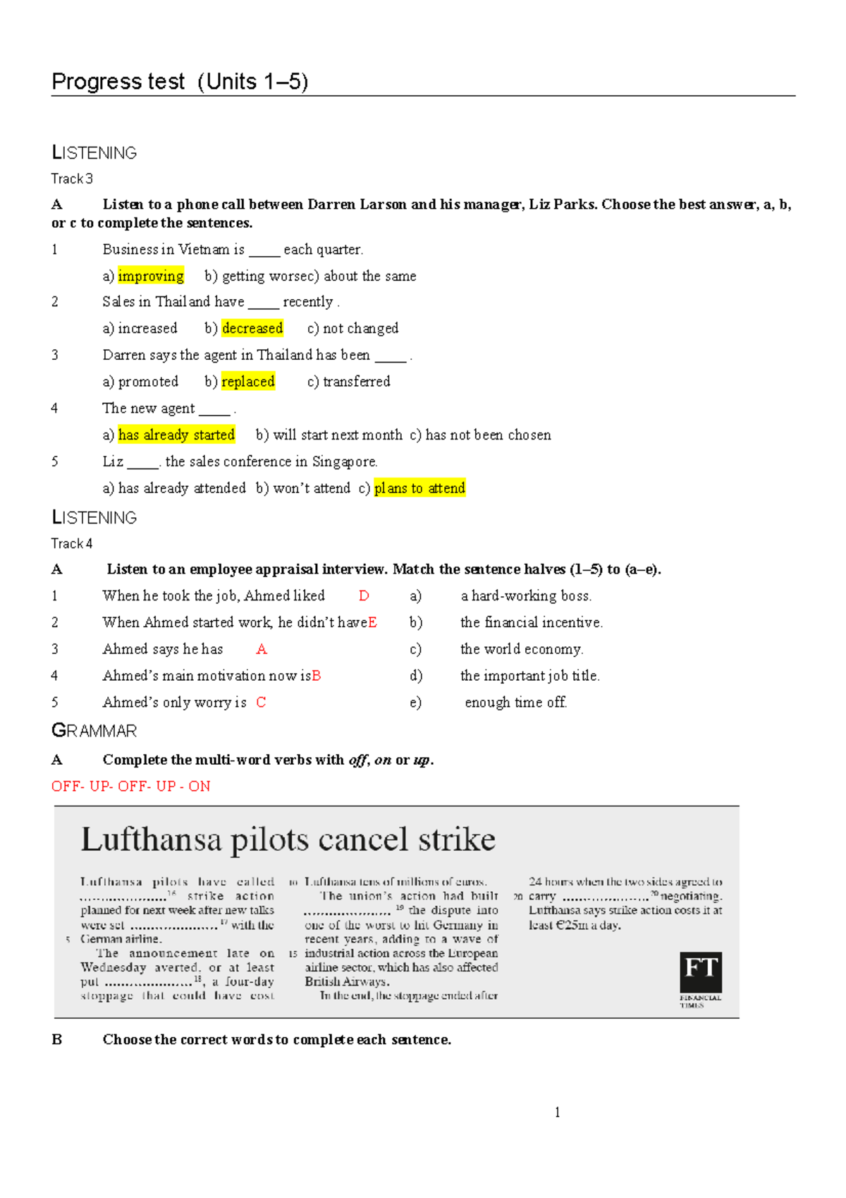 Progress test units 1-5 business english - Progress test (Units 1–5 ...