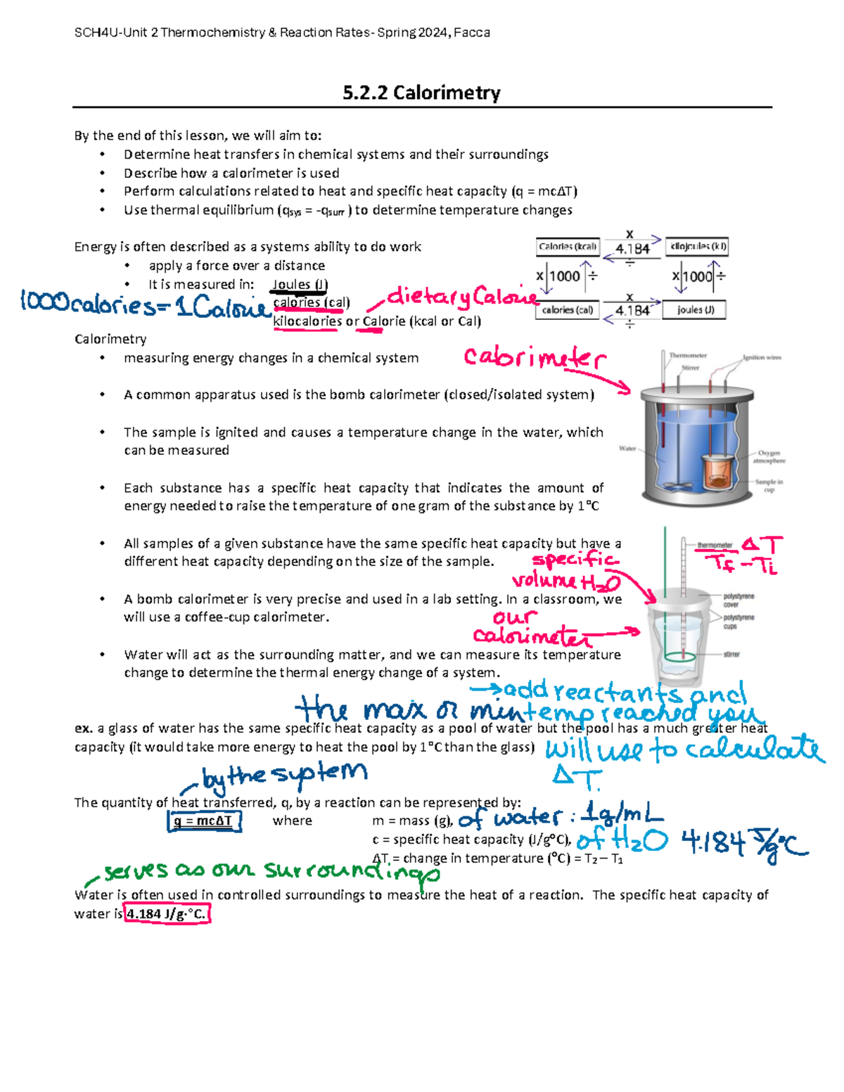 Lesson 5- Calorimetry - SCH3U+4U - 5.2 Calorimetry By the end of this ...