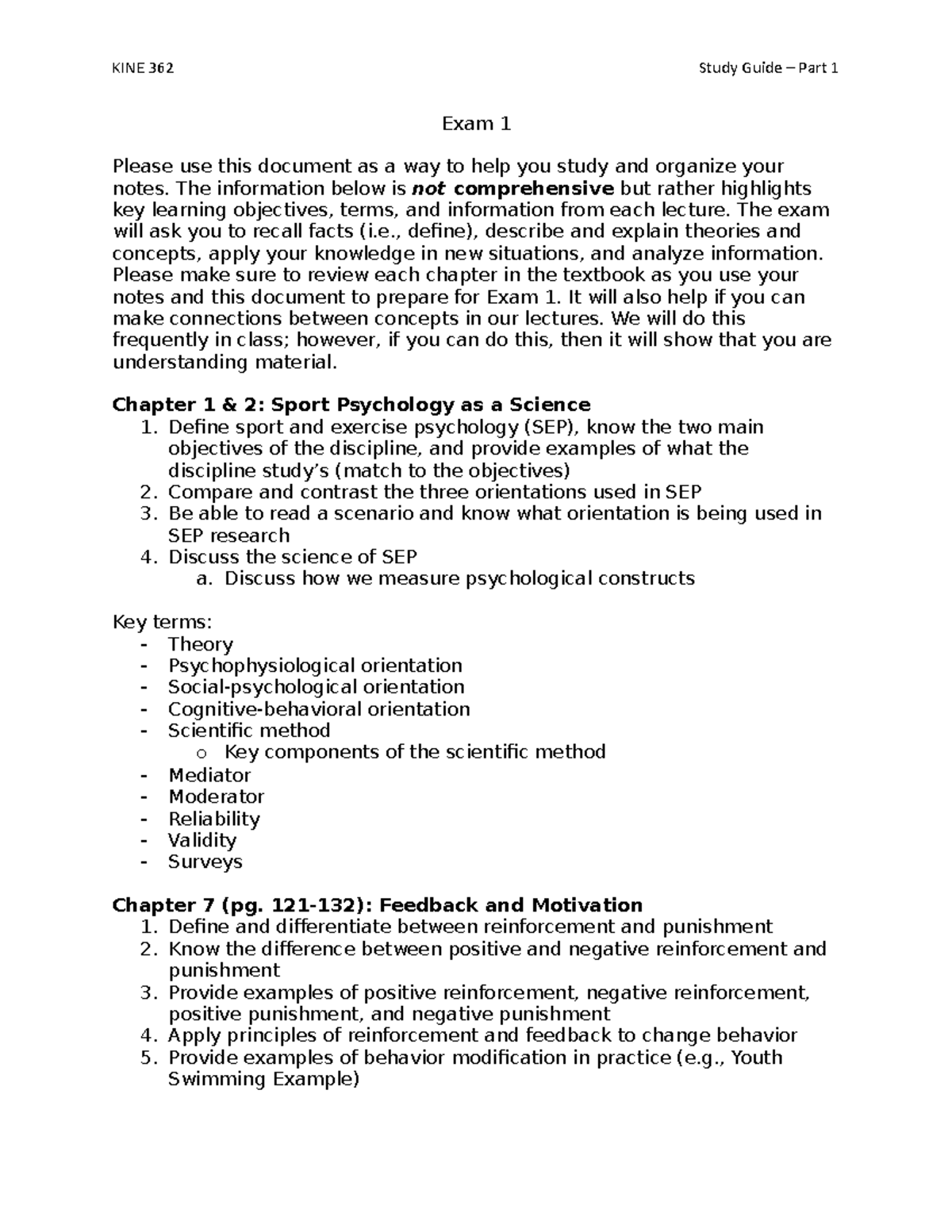 Exam 1 Study Guide - KINE 362 Study Guide – Part 1 Exam 1 Please use ...