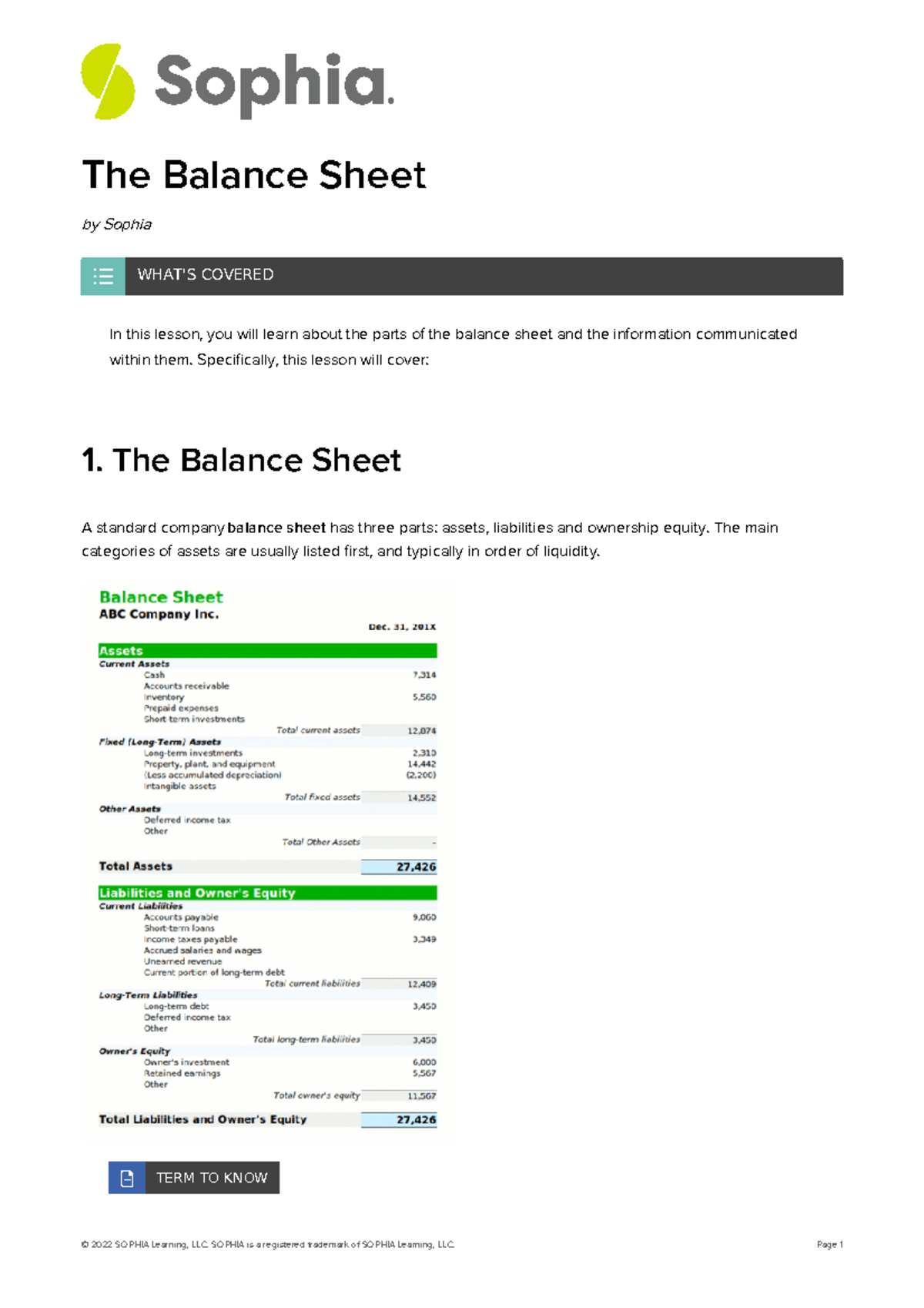 The balance sheet - Specifically, this lesson will cover: 1. The ...