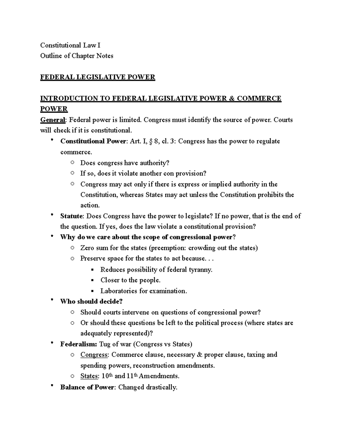 Federal Legislative Power - Constitutional Law I Outline of Chapter ...