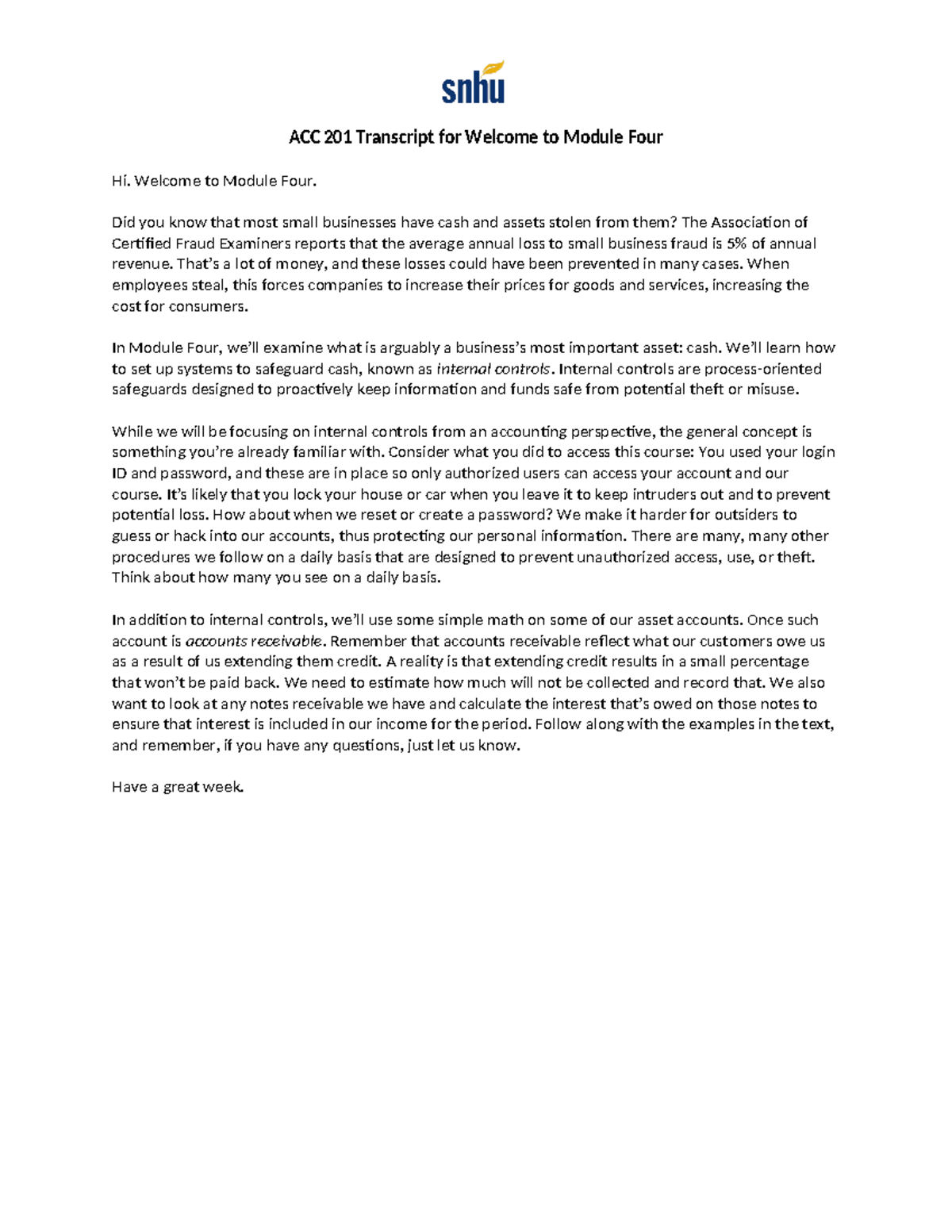 ACC 201 Transcript for Welcome to Module Four - Welcome to Module Four ...