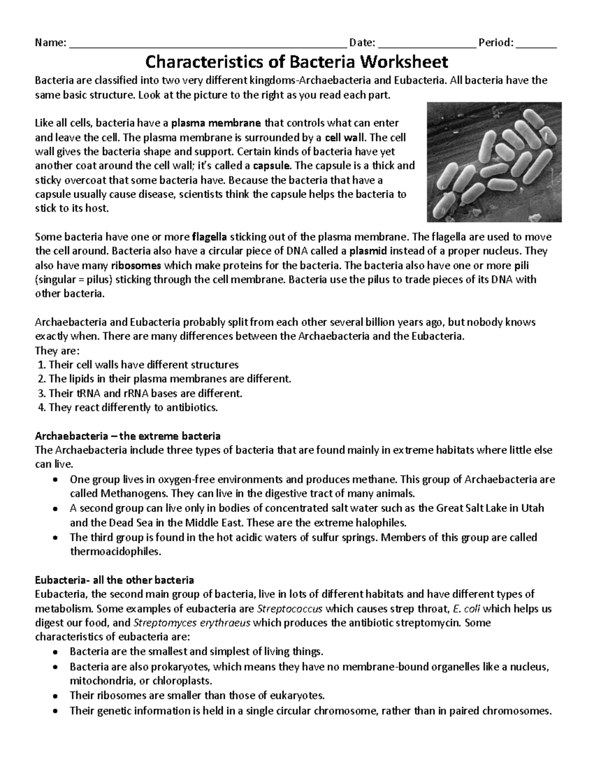 Bacteria Characterisitcsworksheet - Name