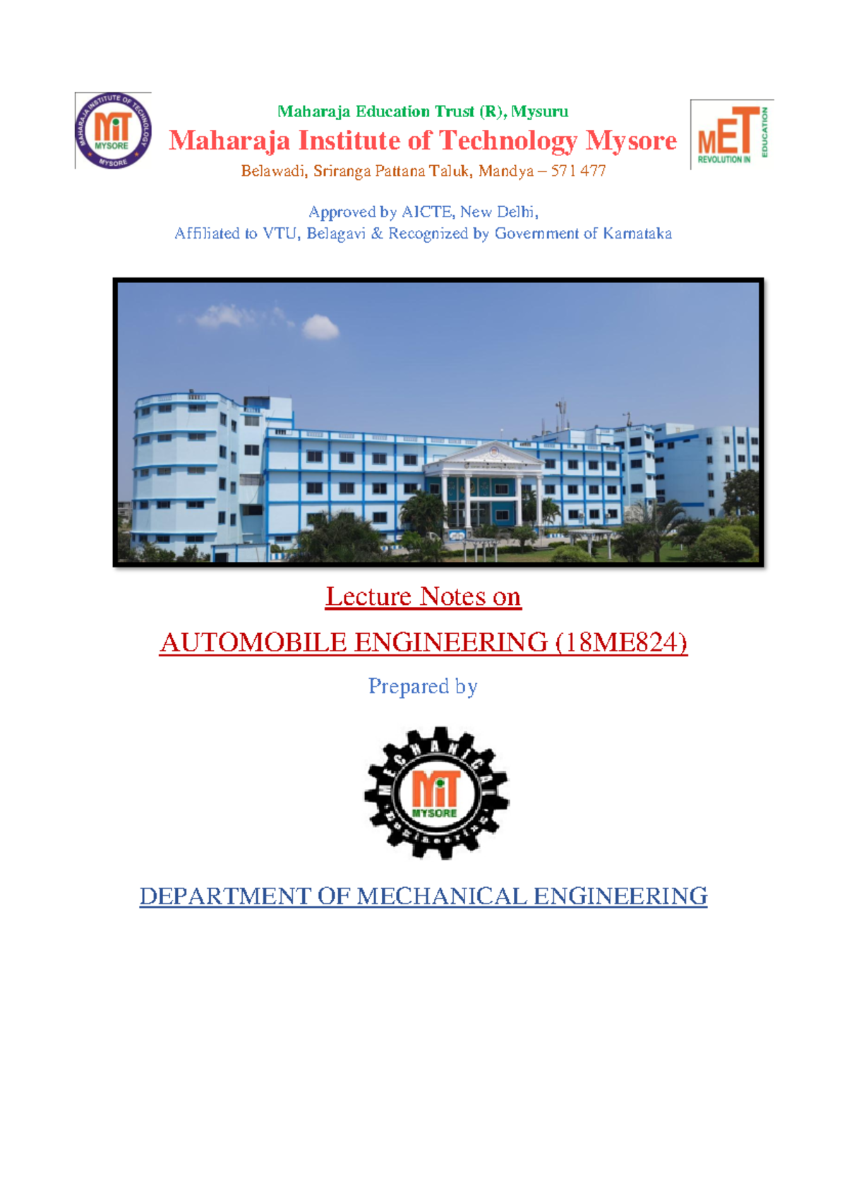 18ME824 Automobile Engineering - ####### Maharaja Education Trust (R), Mysuru Maharaja Institute ...